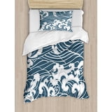 Japanese Wave Twin Size Duvet Cover Set, Hand Drawn Traditional Style ...