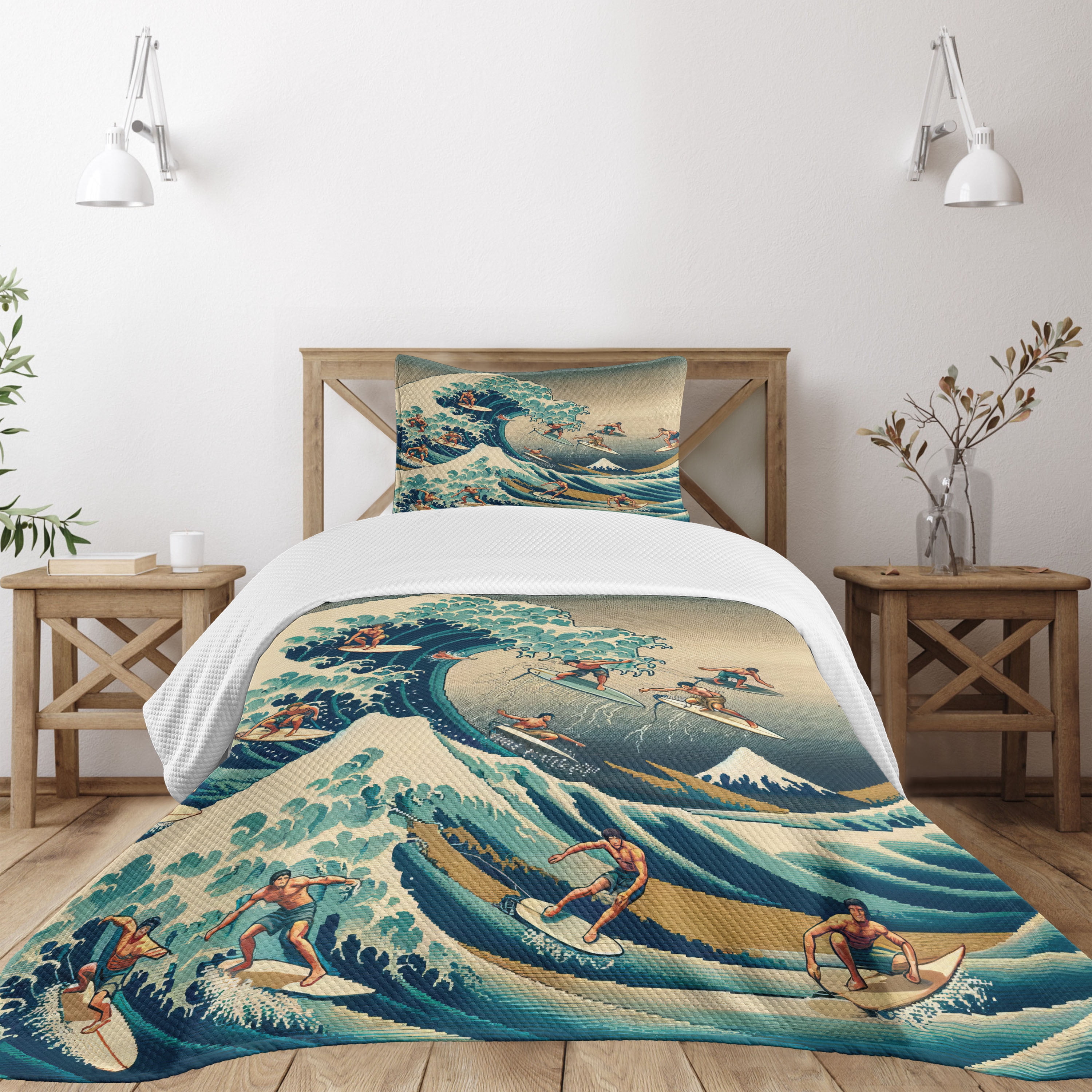 Ambesonne Japanese Wave Quilted Bedspread Set 2 Pcs, Surfers Ukiyo-e ...