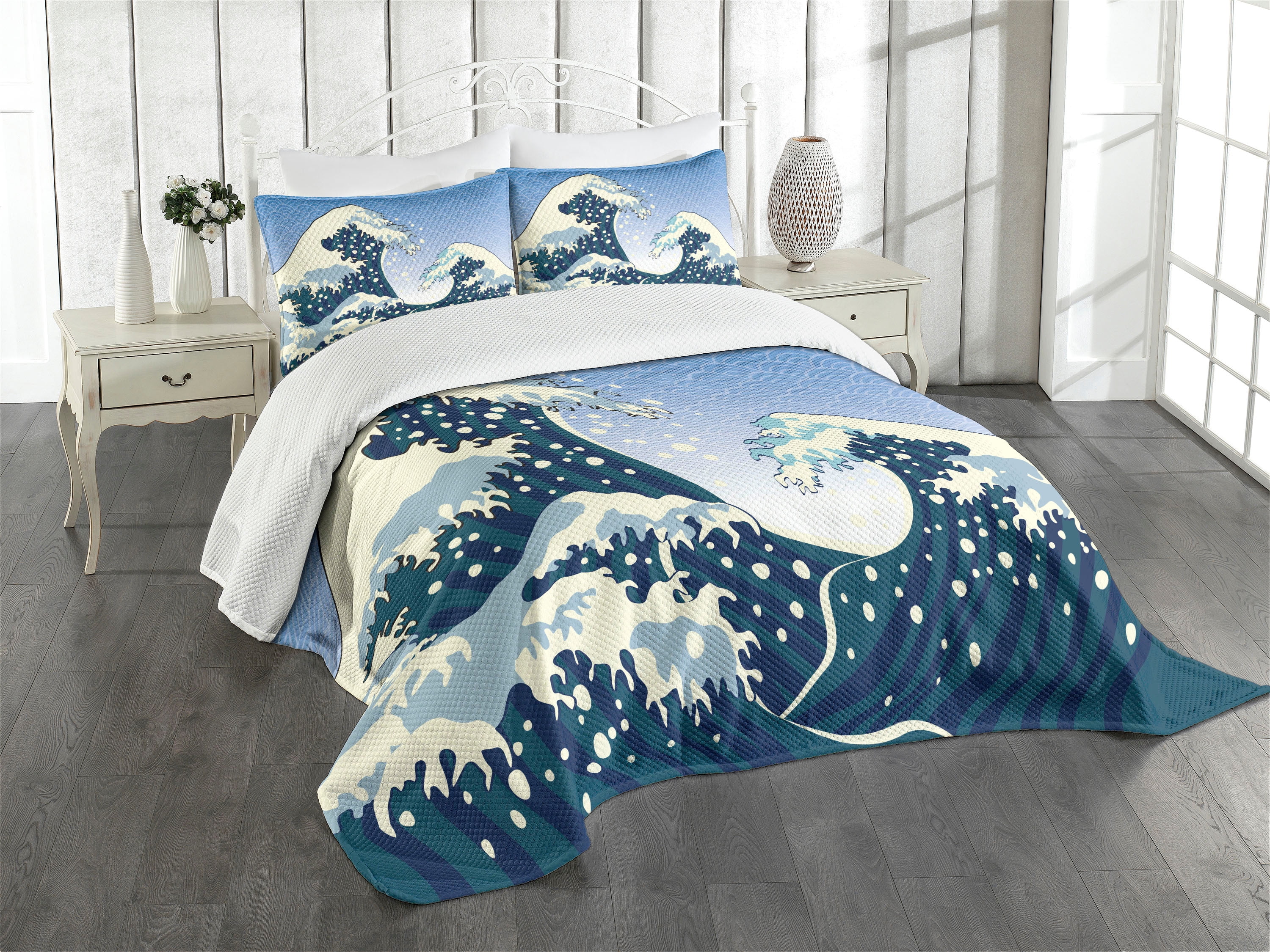 Ambesonne Japanese Wave Quilted Bedspread Set 3 Pcs, Ocean Wind Art ...