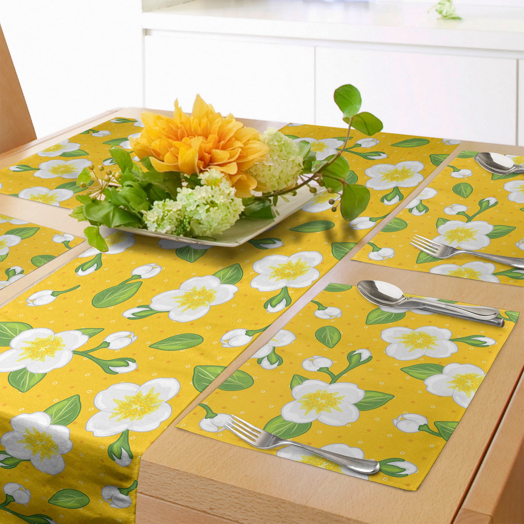 Ambesonne Jasmine Table Runner & Placemats, Flowers Buds Leaves on Dots ...