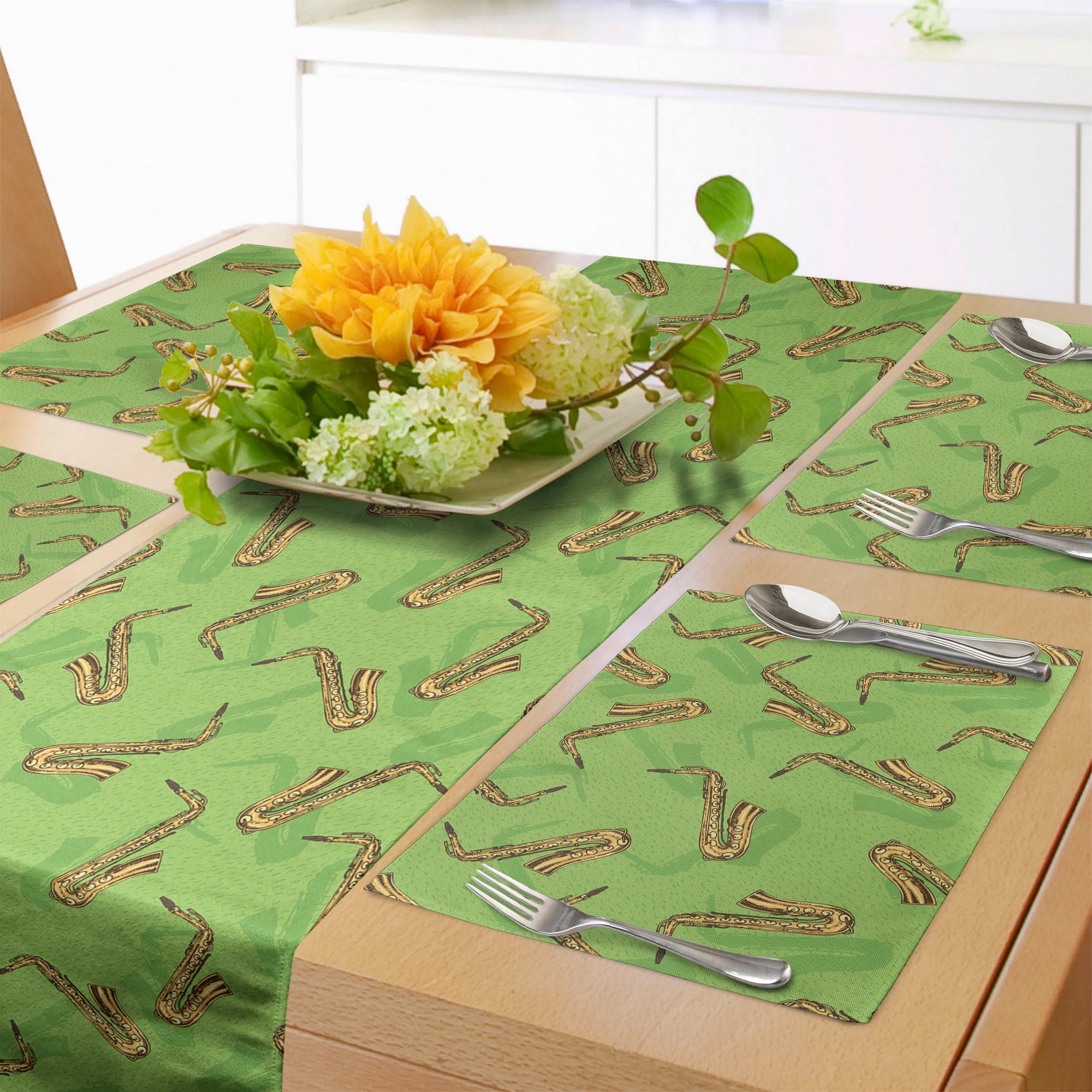 Ambesonne Jazz Music Table Runner & Placemats, Saxophones on Green ...