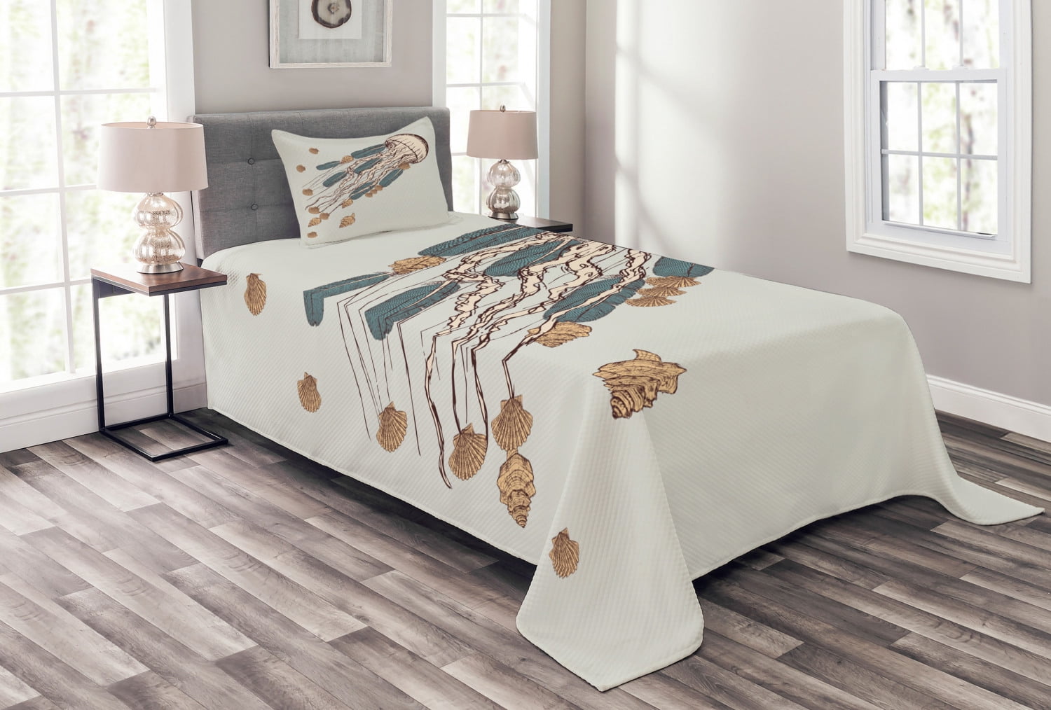 Ambesonne Jellyfish Quilted Bedspread Set 2 Pcs, Boho Feather Shells ...