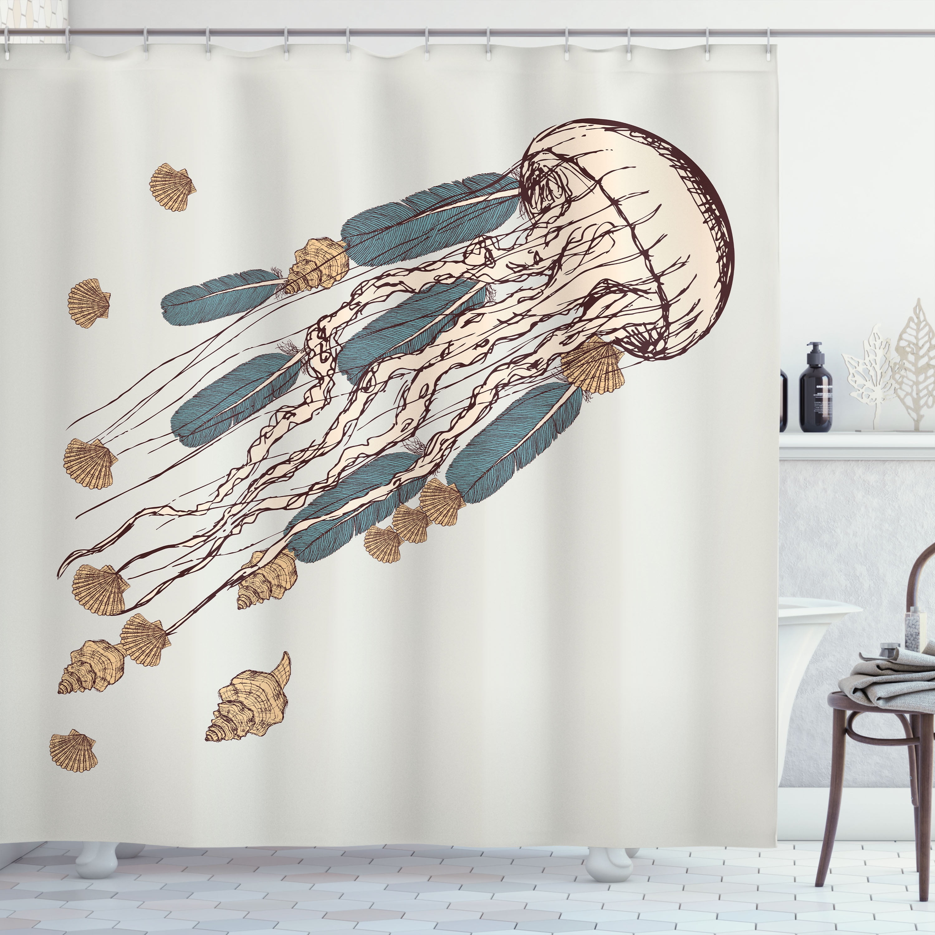 Ambesonne Jellyfish Shower Curtain, Boho Feather Shells Fish, 69"Wx75"L ...