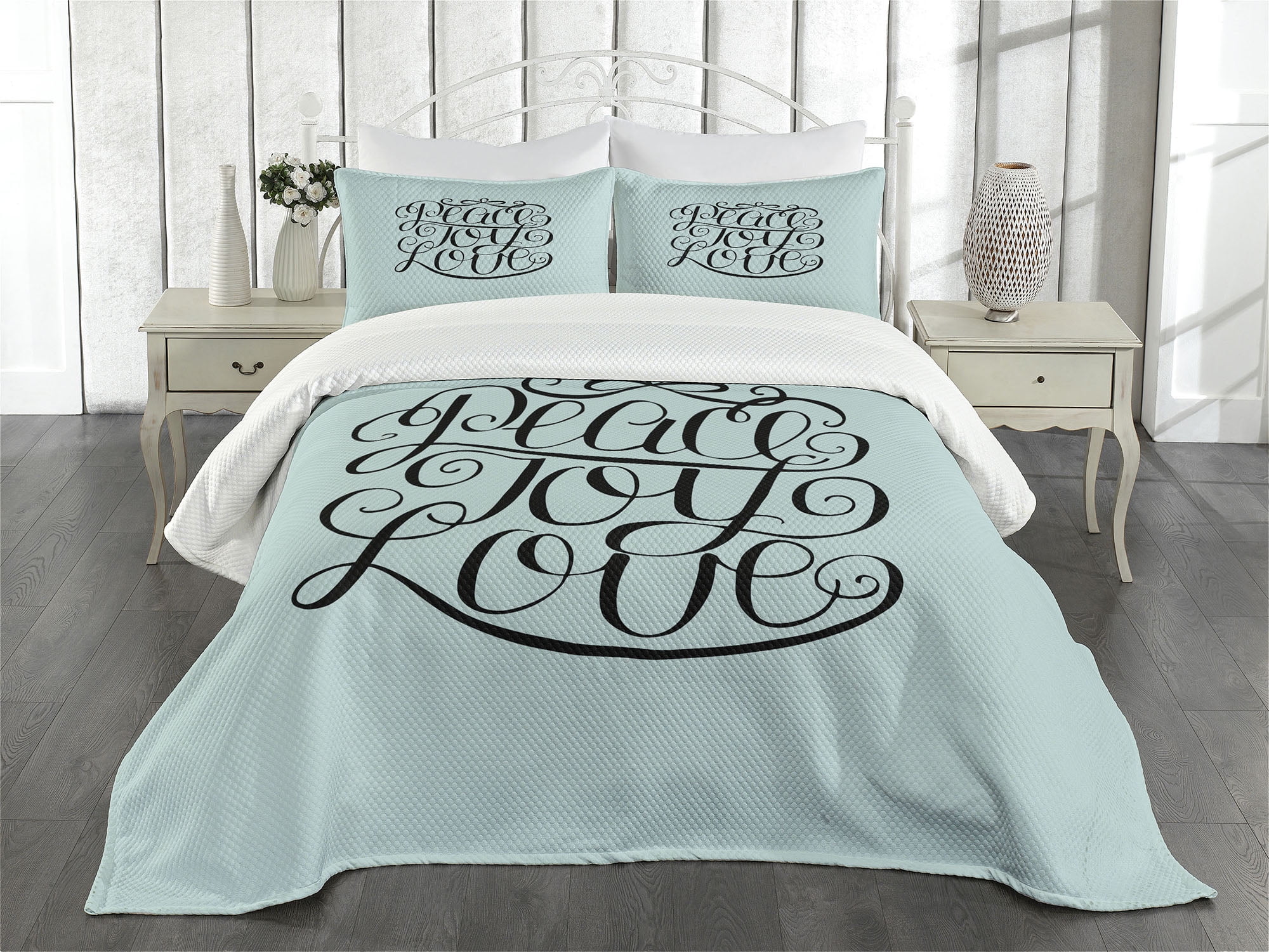 Ambesonne Joy Quilted Bedspread Set 3 Pcs, Peace Love Joy Lettering ...