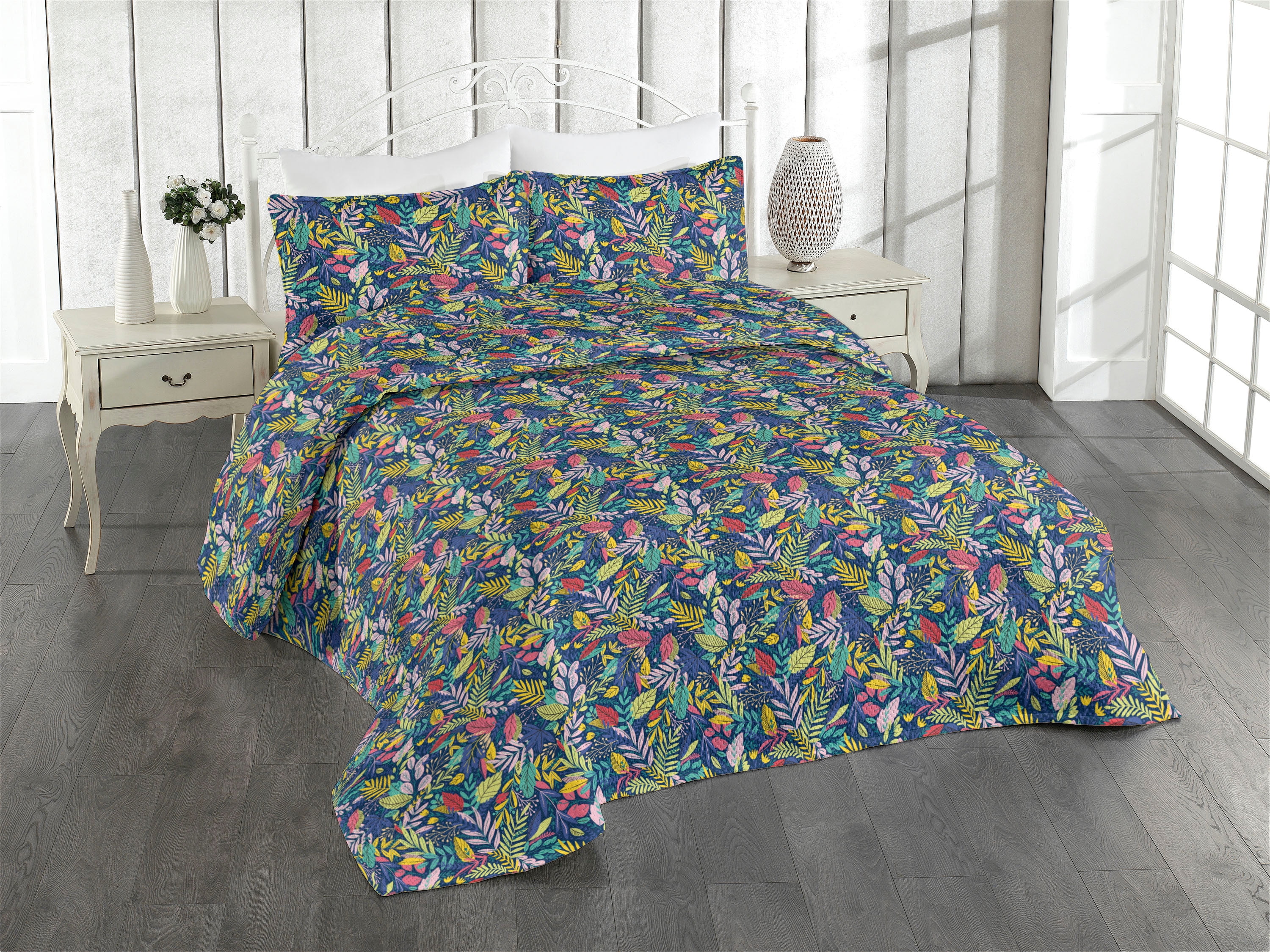 Ambesonne Jungle Boho Quilted Bedspread Set 3 Pcs, Cottagecore Leaves ...