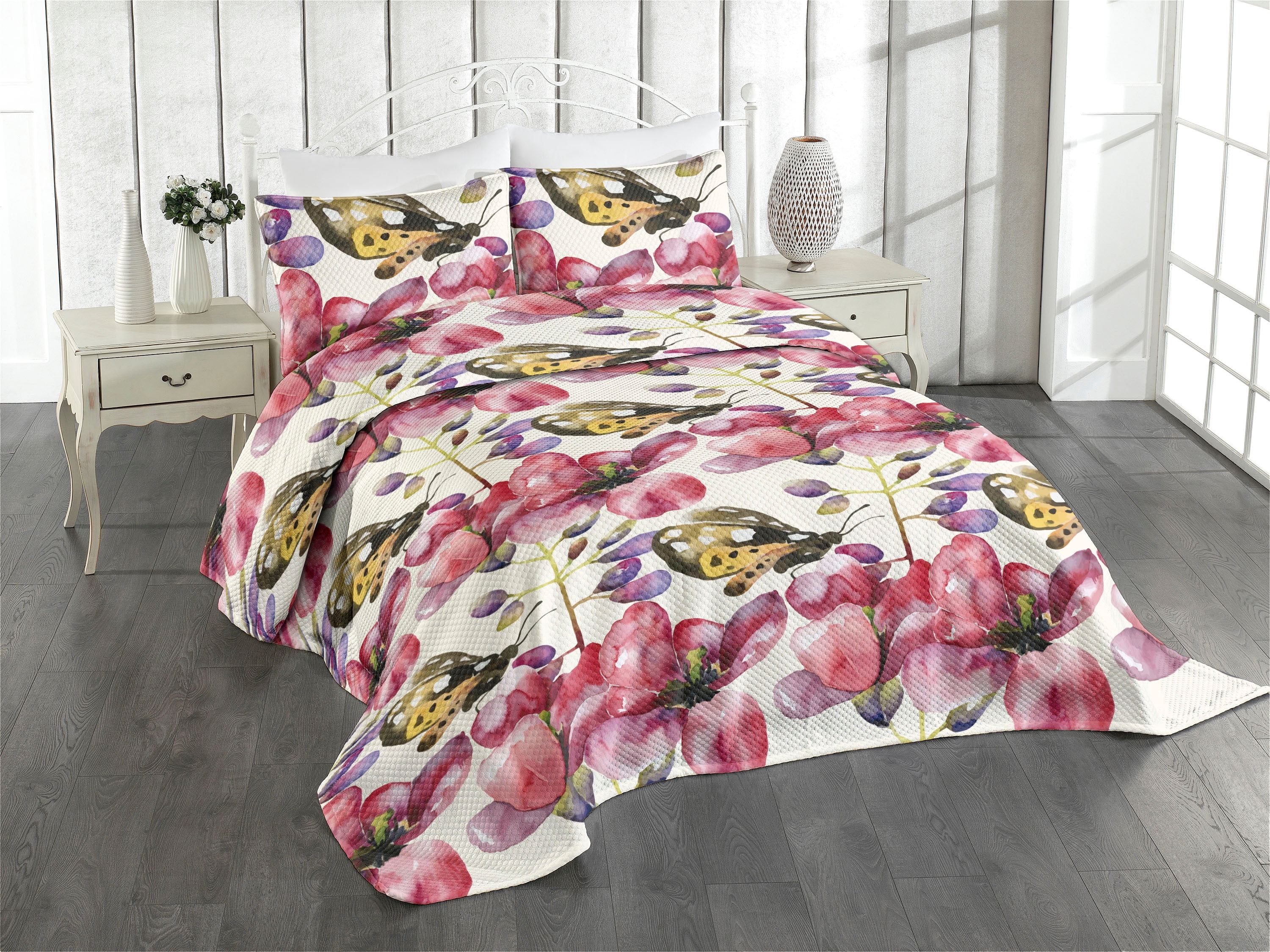 Ambesonne Jungle Boho Quilted Coverlet 3 Pcs, Spring Violets Moth Art ...