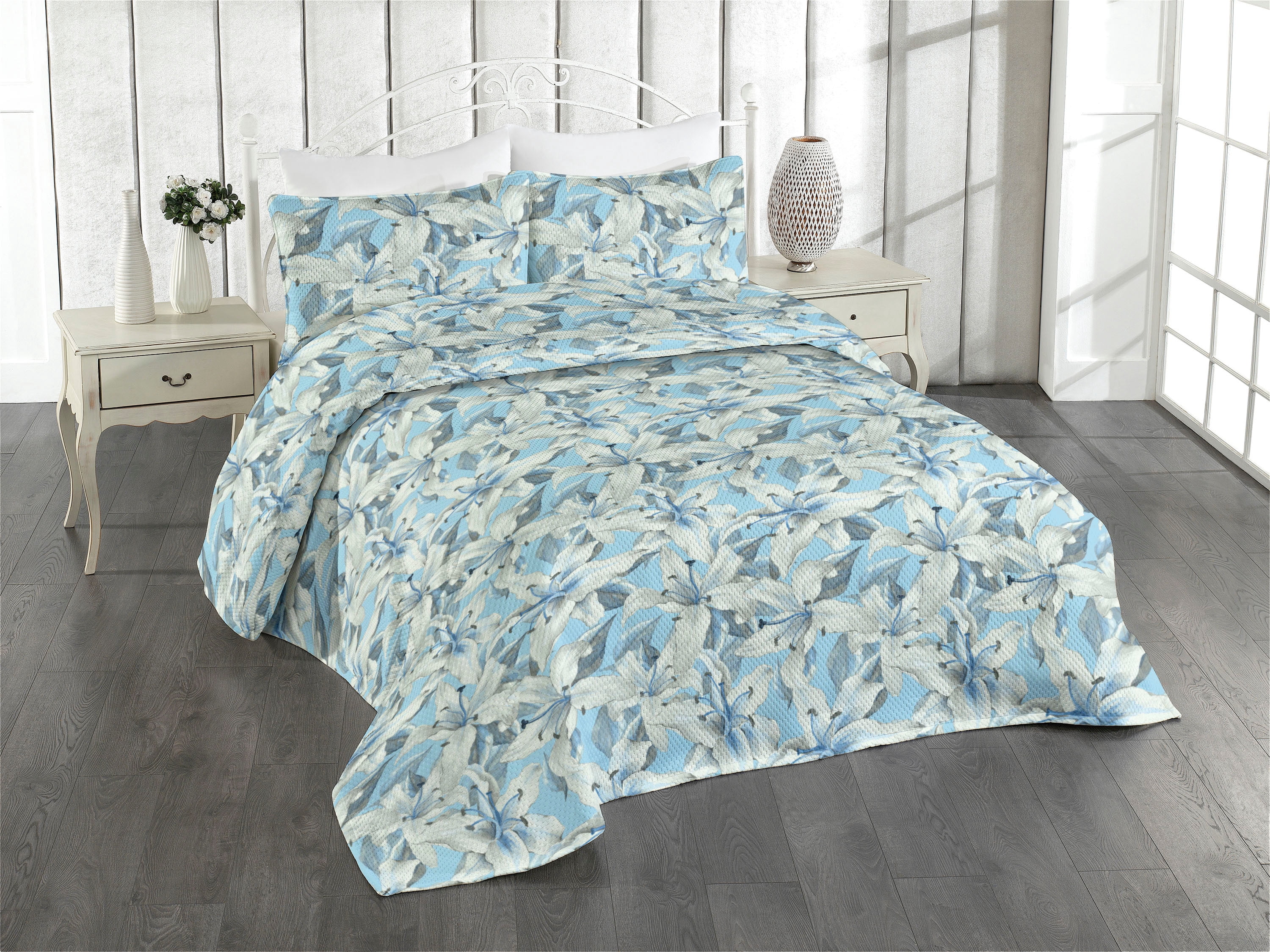 Ambesonne Jungle Flowers Quilted Bedspread Set 3 Pcs, Lily Flowers ...
