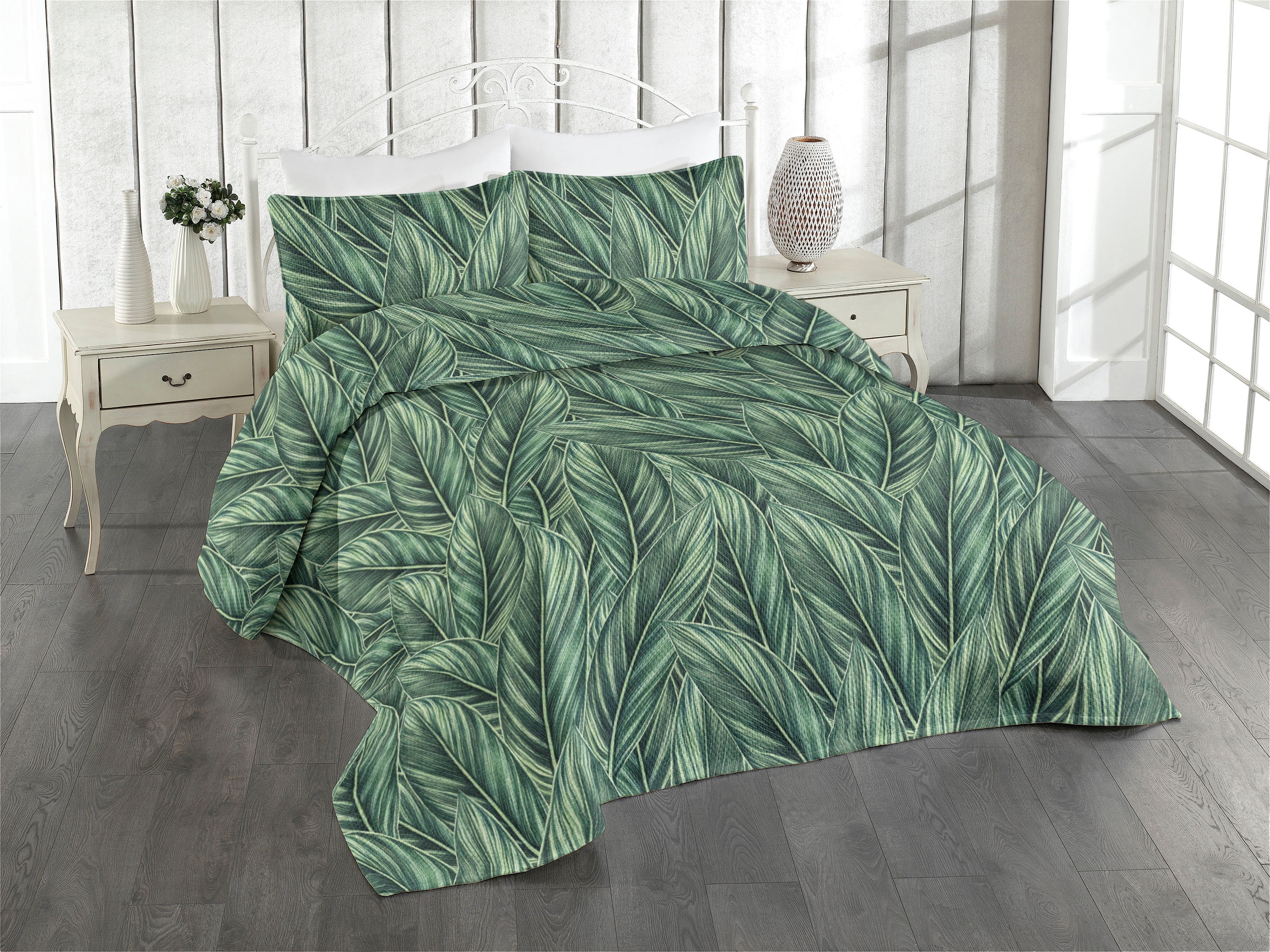 Ambesonne Jungle Leaves Quilted Bedspread Set 3 Pcs, Botany Feels ...