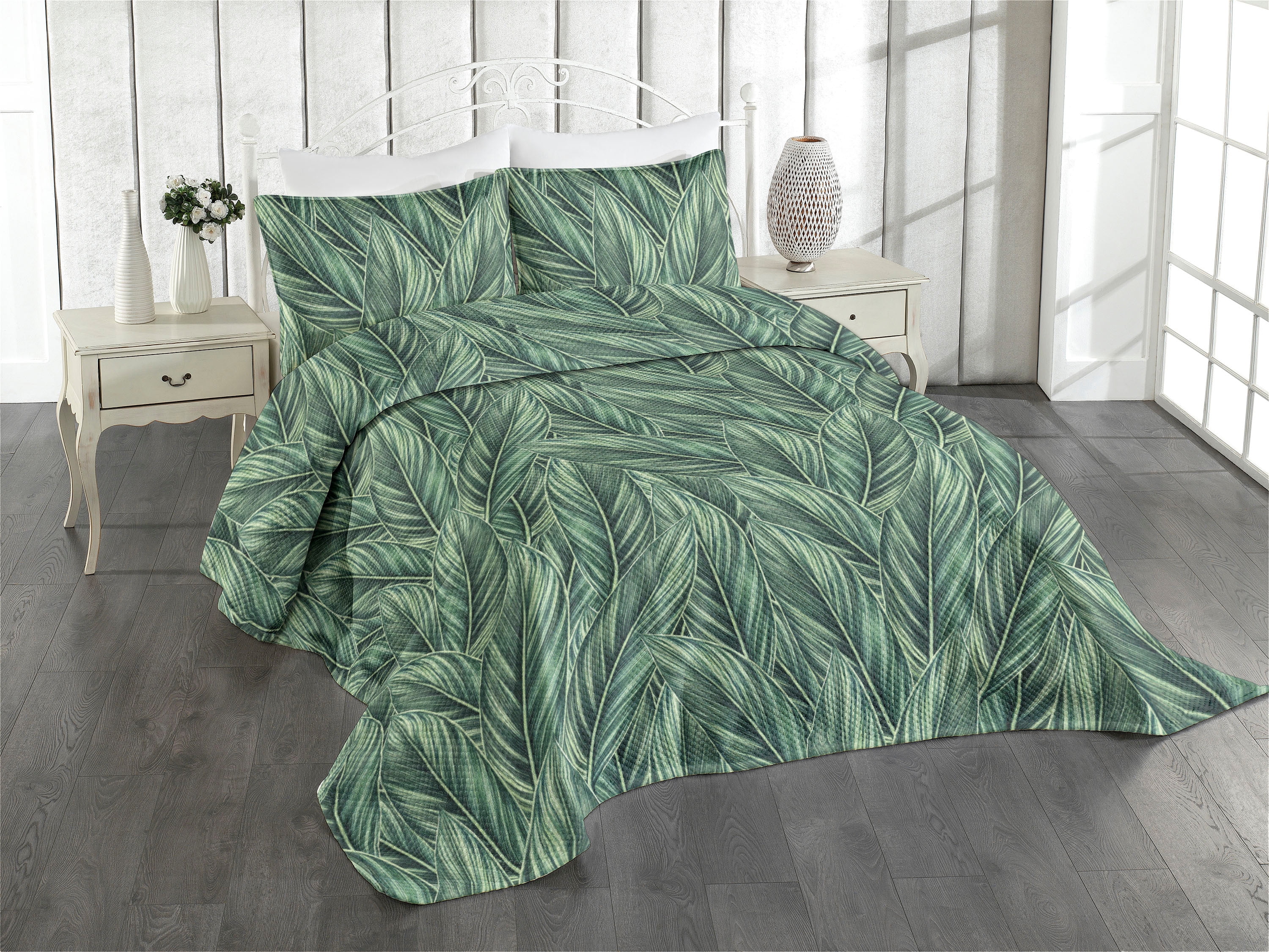 Ambesonne Jungle Leaves Quilted Coverlet 3 Pcs, Botany Feels Leaves ...