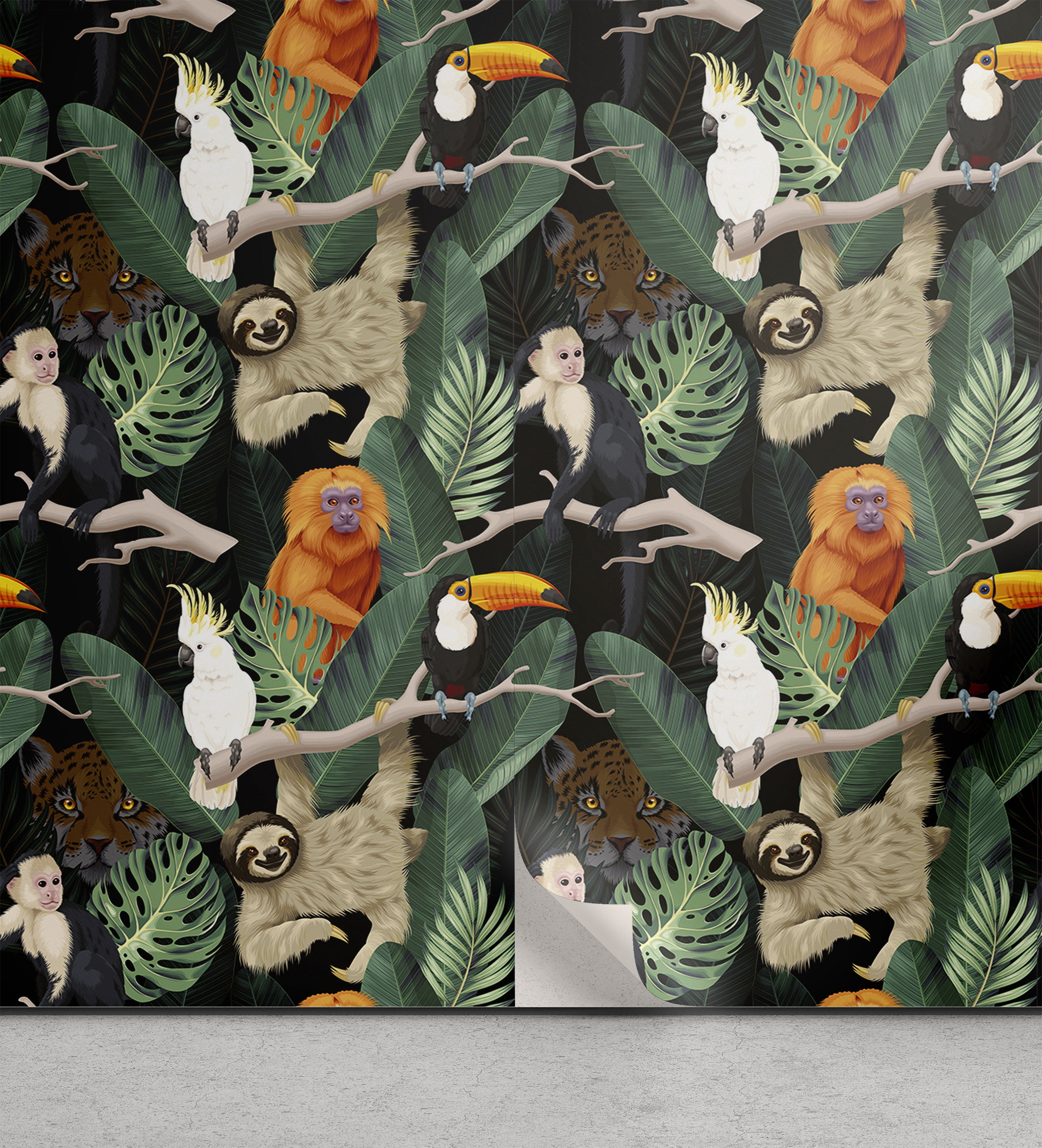 Ambesonne Jungle Peel & Stick Wallpaper for Home, Exotic Wilderness Animals, 13"x100", Laurel ...