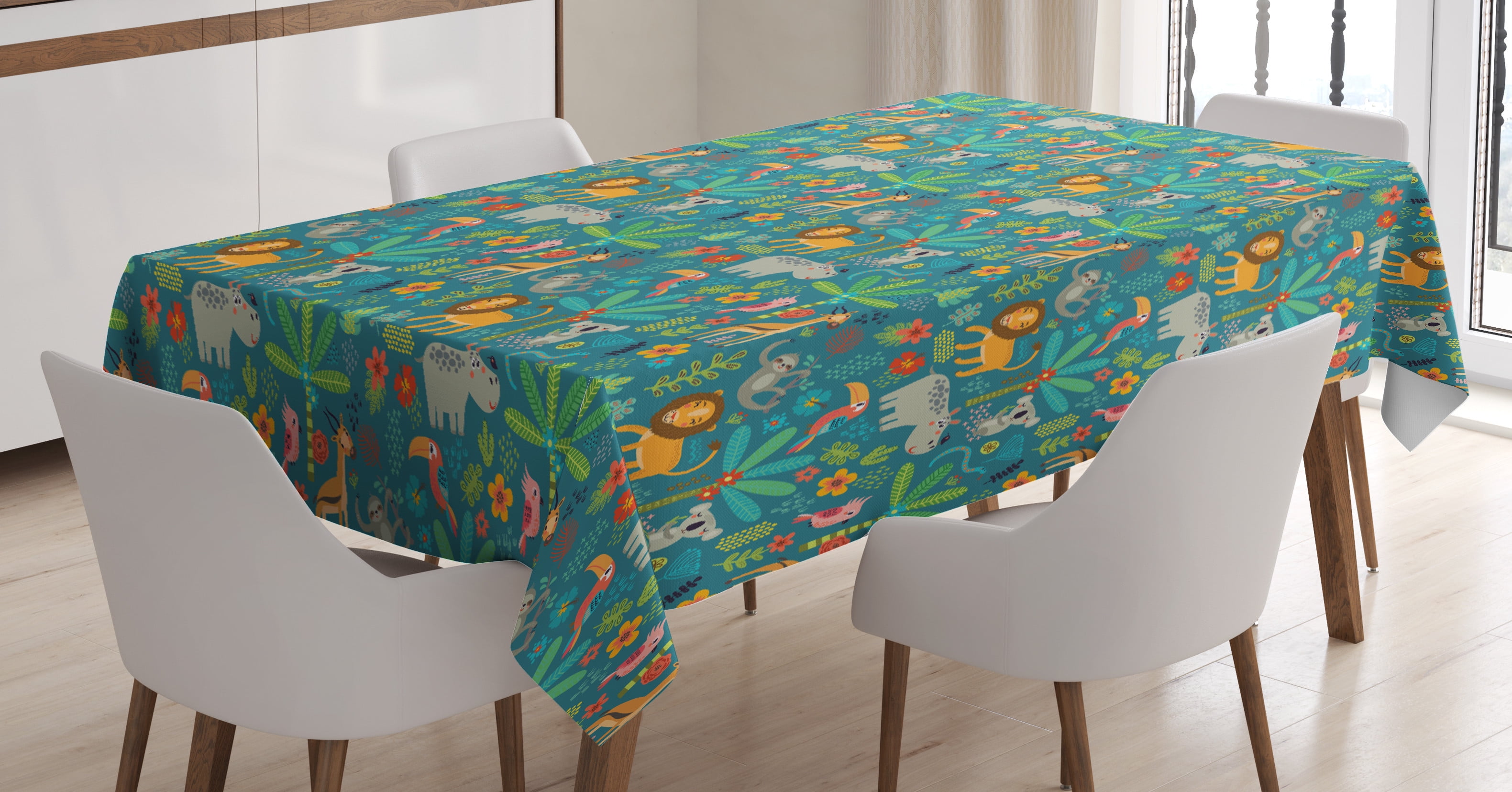 Ambesonne Jungle Tablecloth Rectangular Table Cover, Hippo Parrot Koala ...