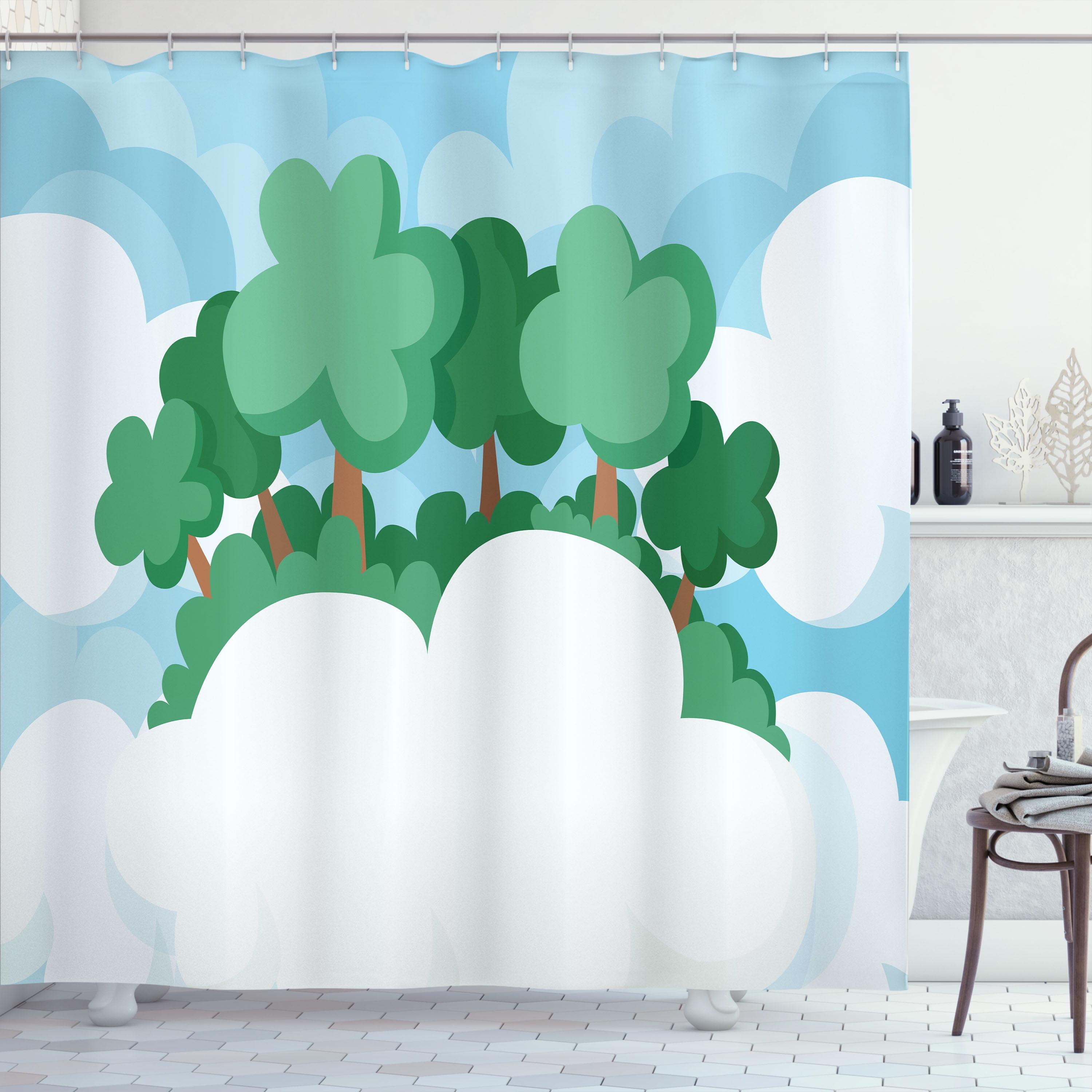 Ambesonne Jungle Theme Shower Curtain, Trees and Cloudy Sky, 69"Wx84"L, Jade Green and Pale Blue ...