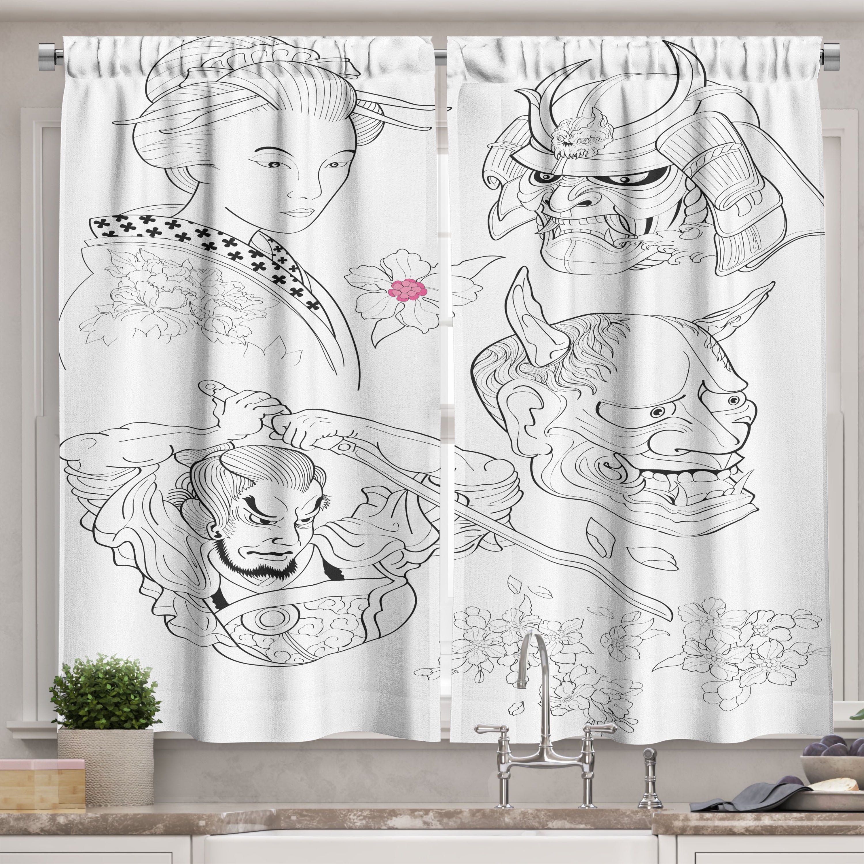 Ambesonne Kabuki Kitchen Curtains, Japanese, 55"x39", Black White Pink ...