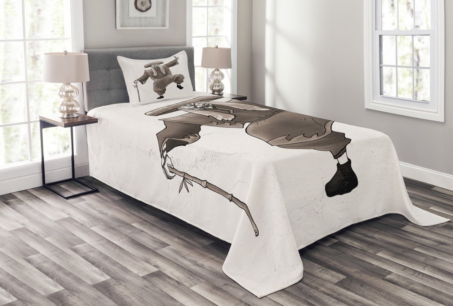 Ambesonne Kabuki Quilted Bedspread Set 2 Pcs, Orient Artist Pose, Twin Size, Umber White ...