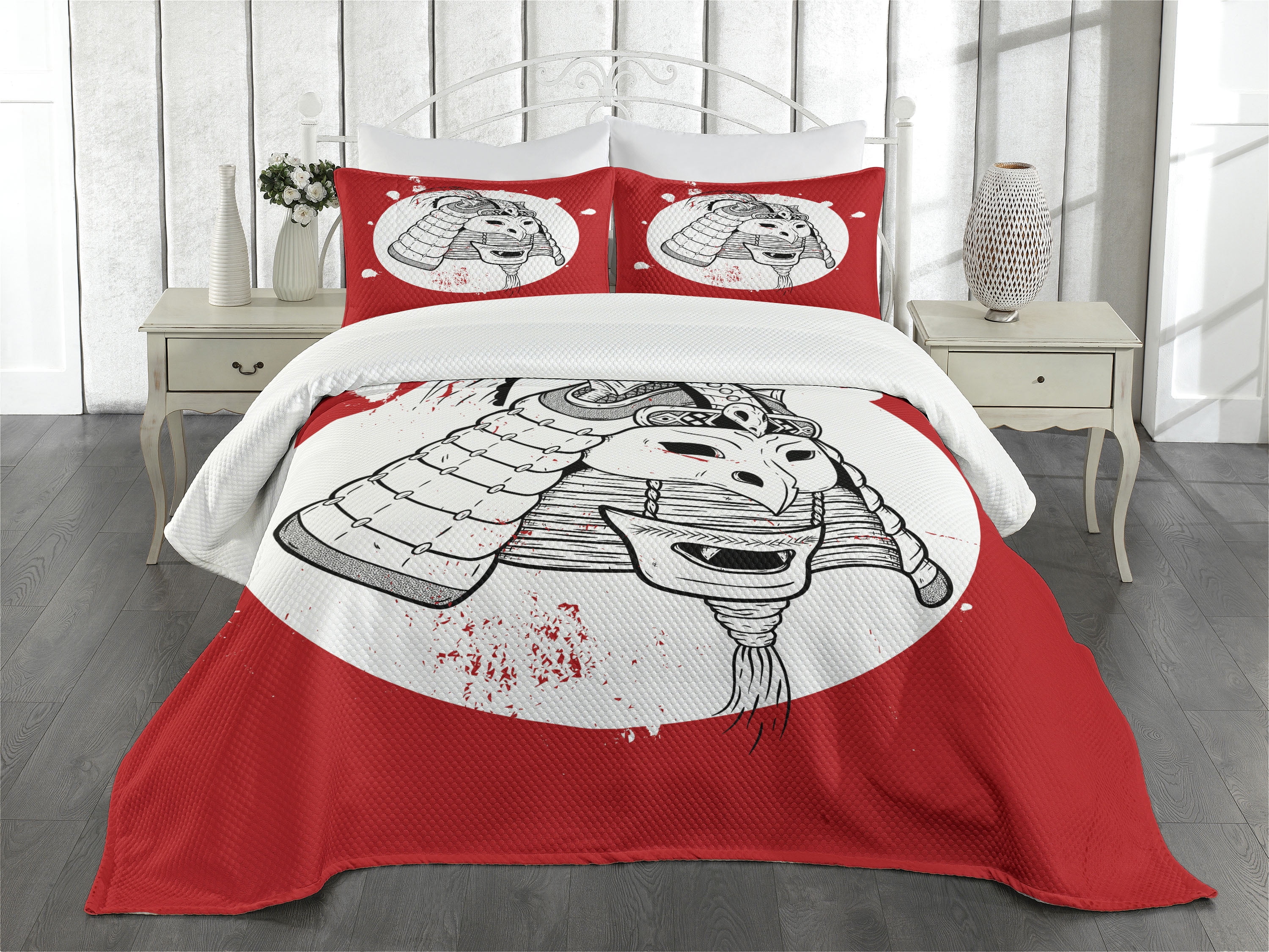 Ambesonne Kabuki Quilted Bedspread Set 3 Pcs, Grunge Stained Ronin Face ...