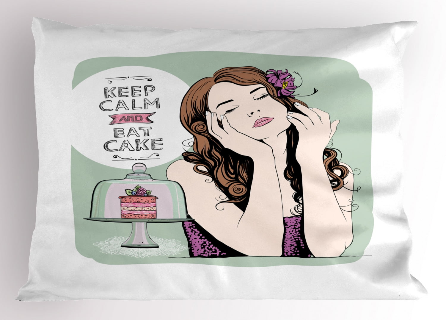 Ambesonne Keep Calm Pillow Sham, Eat Cake Text and Woman, 26" X 20 ...