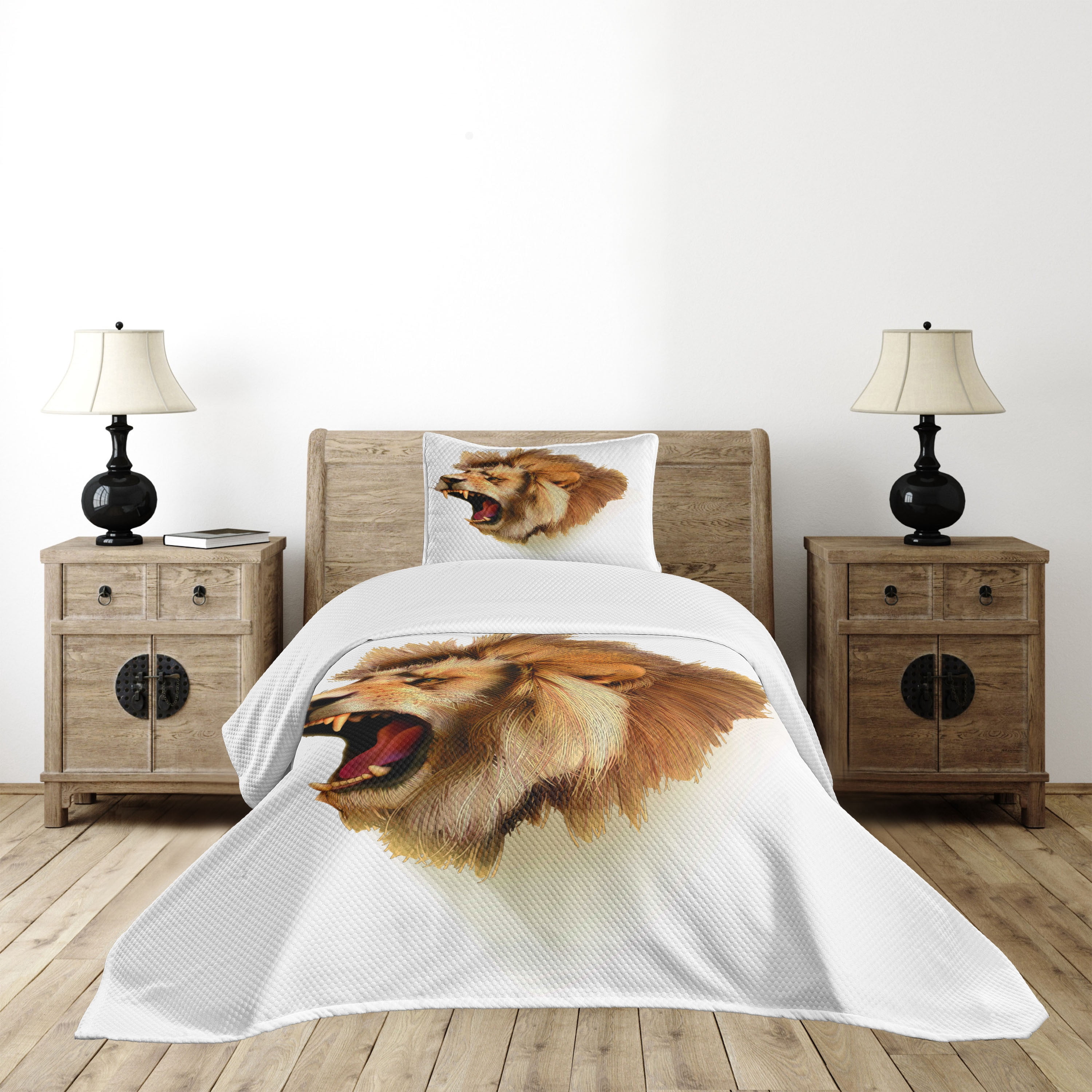 Ambesonne King Quilted Bedspread Set 2 Pcs, Roaring Fierce Lion Head ...