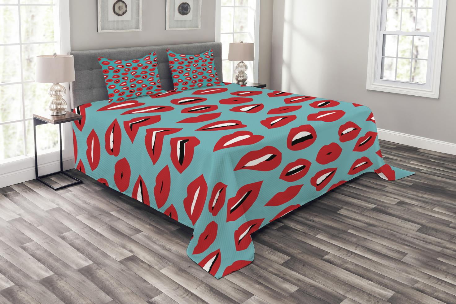 Ambesonne Kiss Quilted Bedspread Set 3 Pcs, Retro Woman Red Lipstick ...