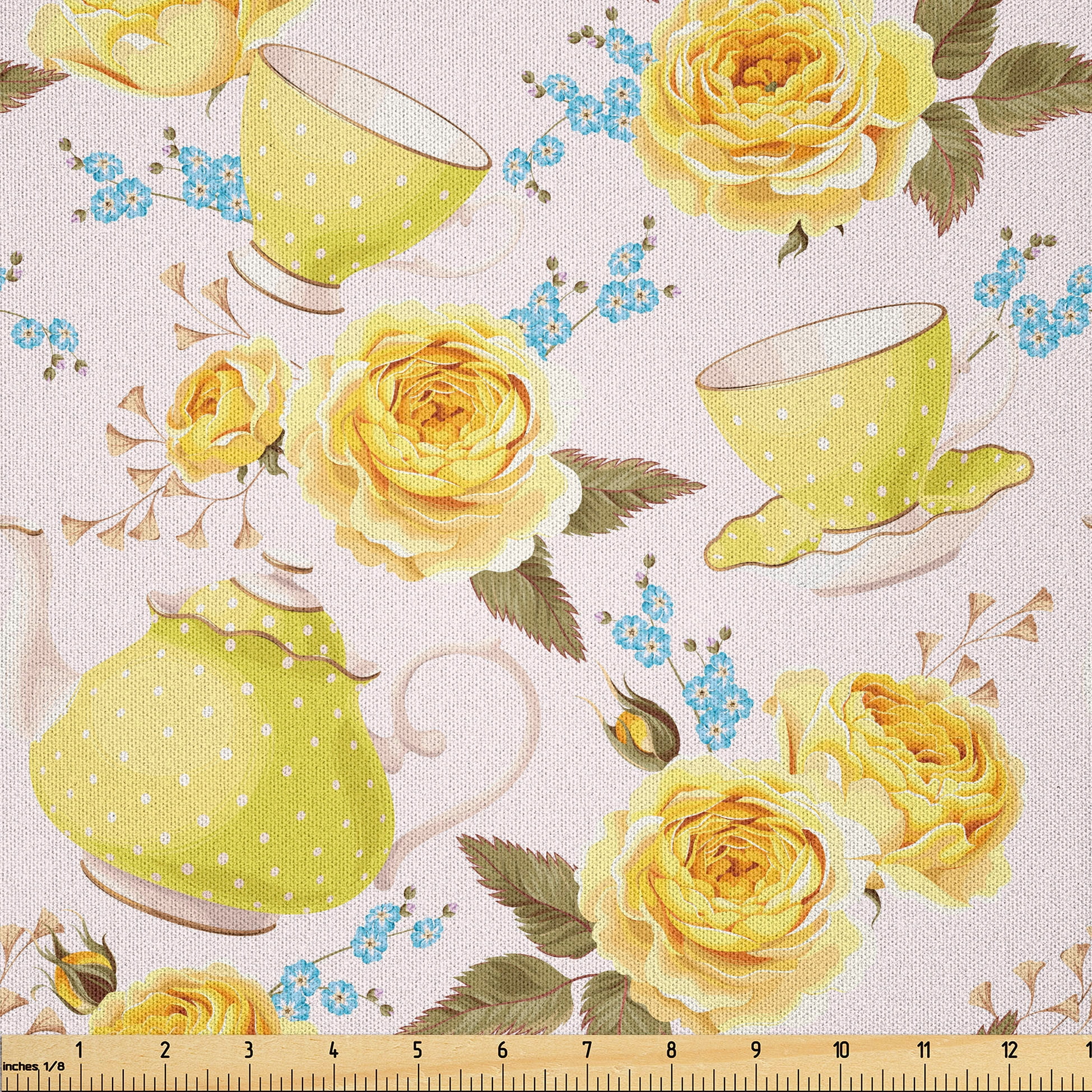 Ambesonne Kitchen Fabric by the Yard Microfiber, Tea Time Cups Flowers ...