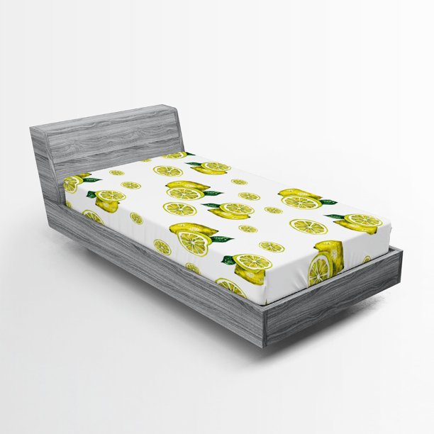 Ambesonne Kitchen Fitted Sheet, Lemon Slices Leaves, Twin XL Size ...