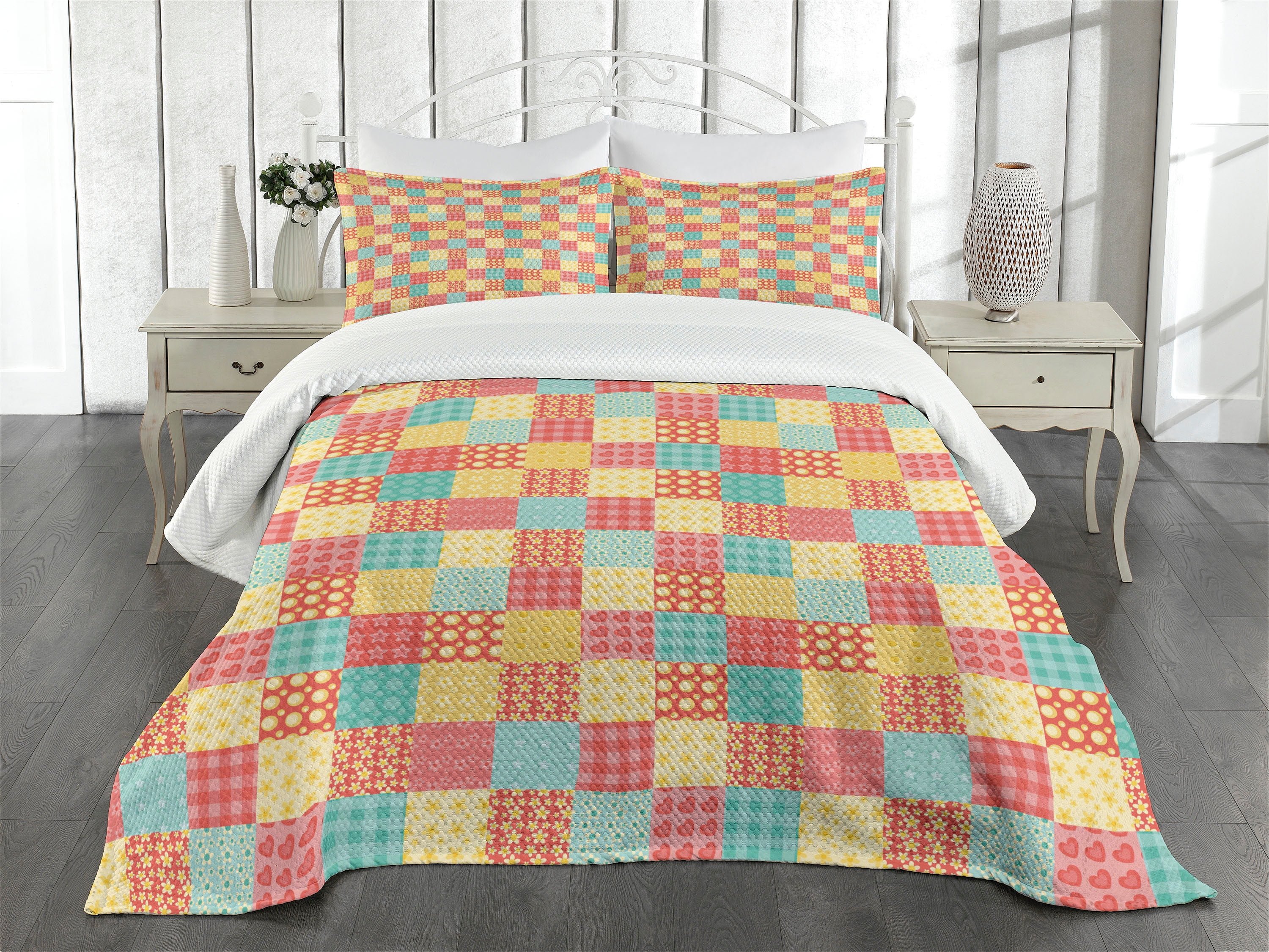 Ambesonne Kitchen Quilted Bedspread Set 3 Pcs, Flowers Dots Stripes ...