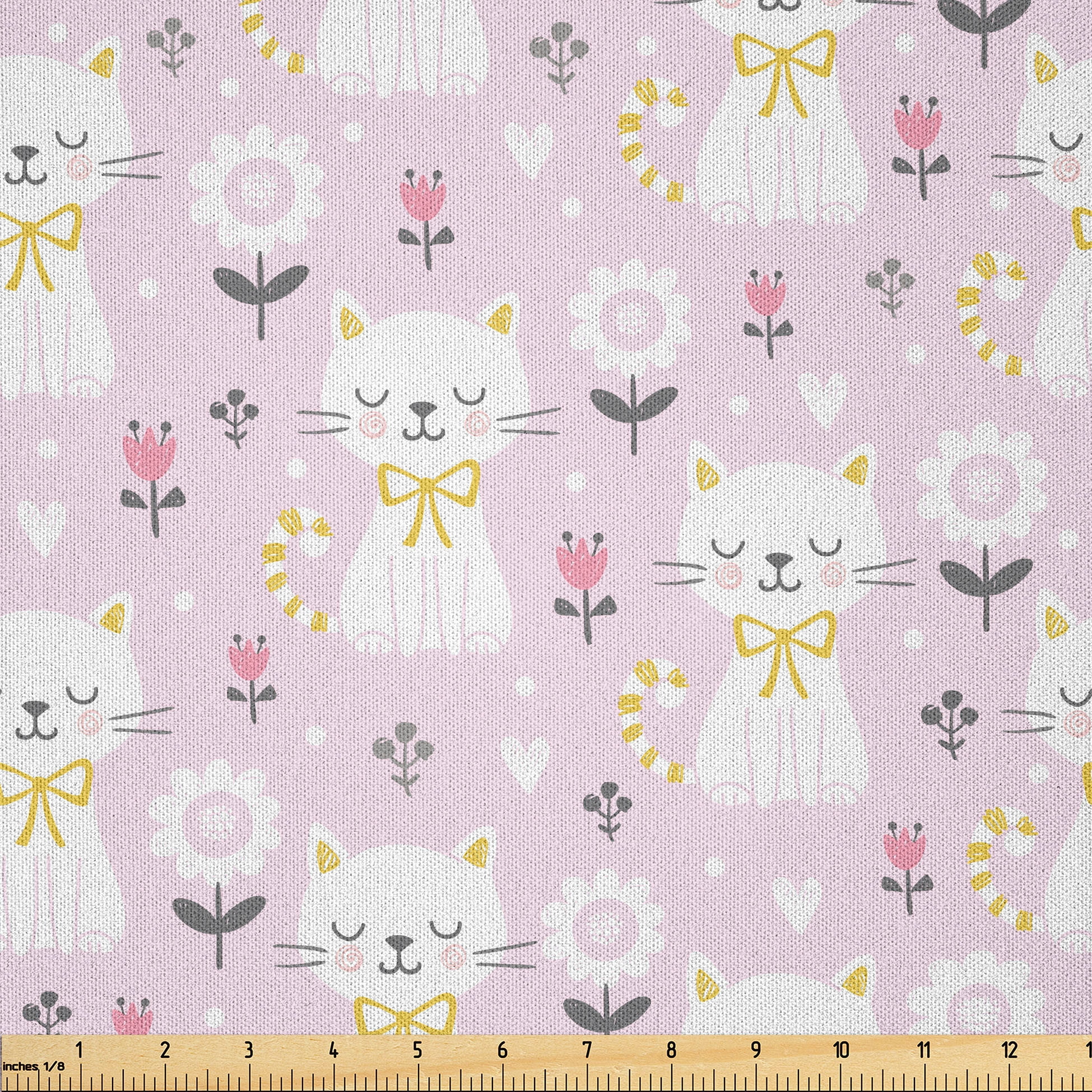 Ambesonne Kitten Fabric by the Yard Microfiber, Cats with Ribbon and ...
