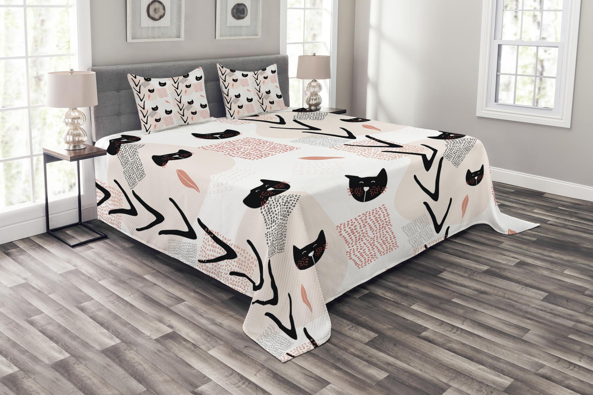 Ambesonne Kitten Quilted Bedspread Set 3 Pcs, Cat Faces Dotted, Queen ...