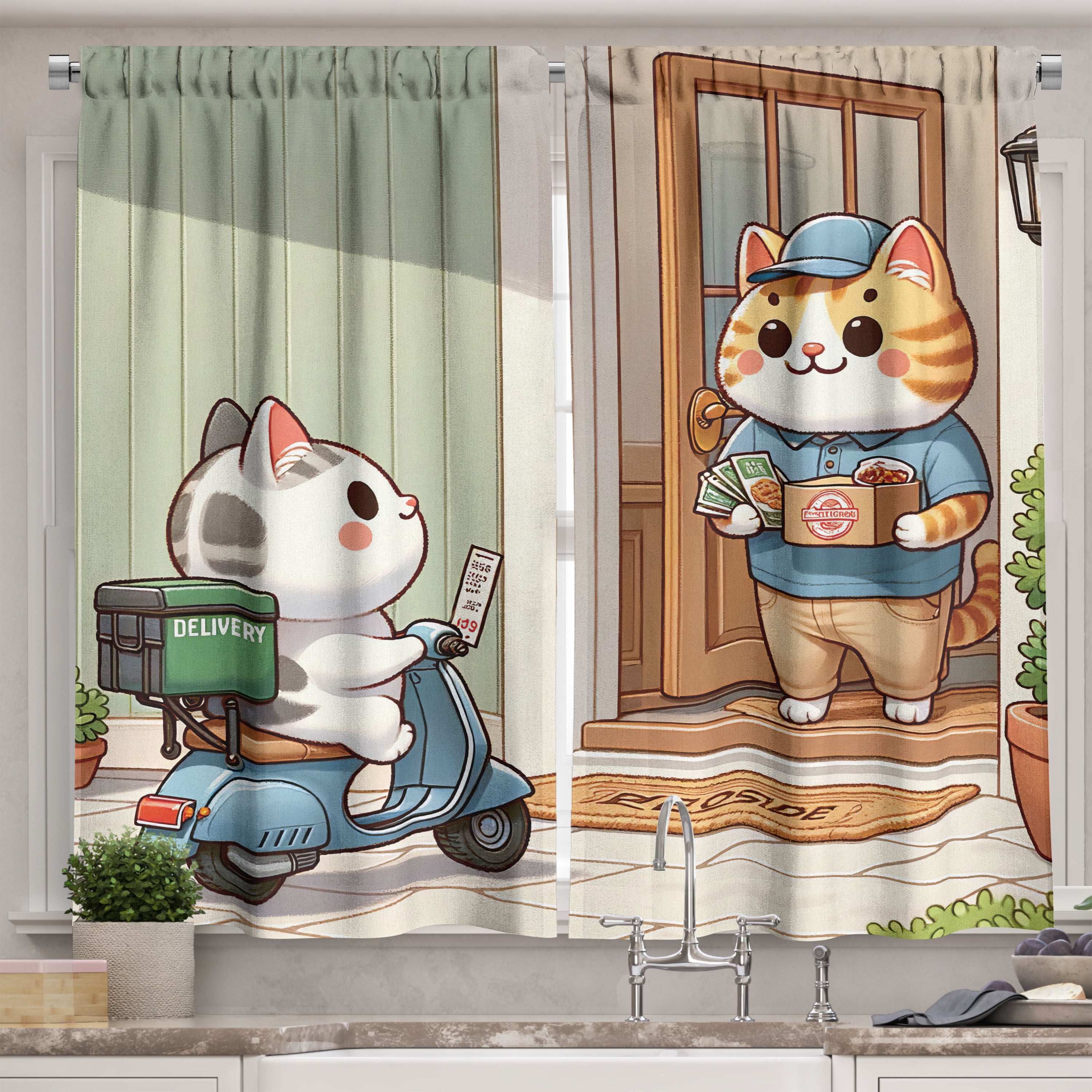 Ambesonne Kittens Kitchen Curtains, Funny Cats Pizza Delivery, 55"x45 ...