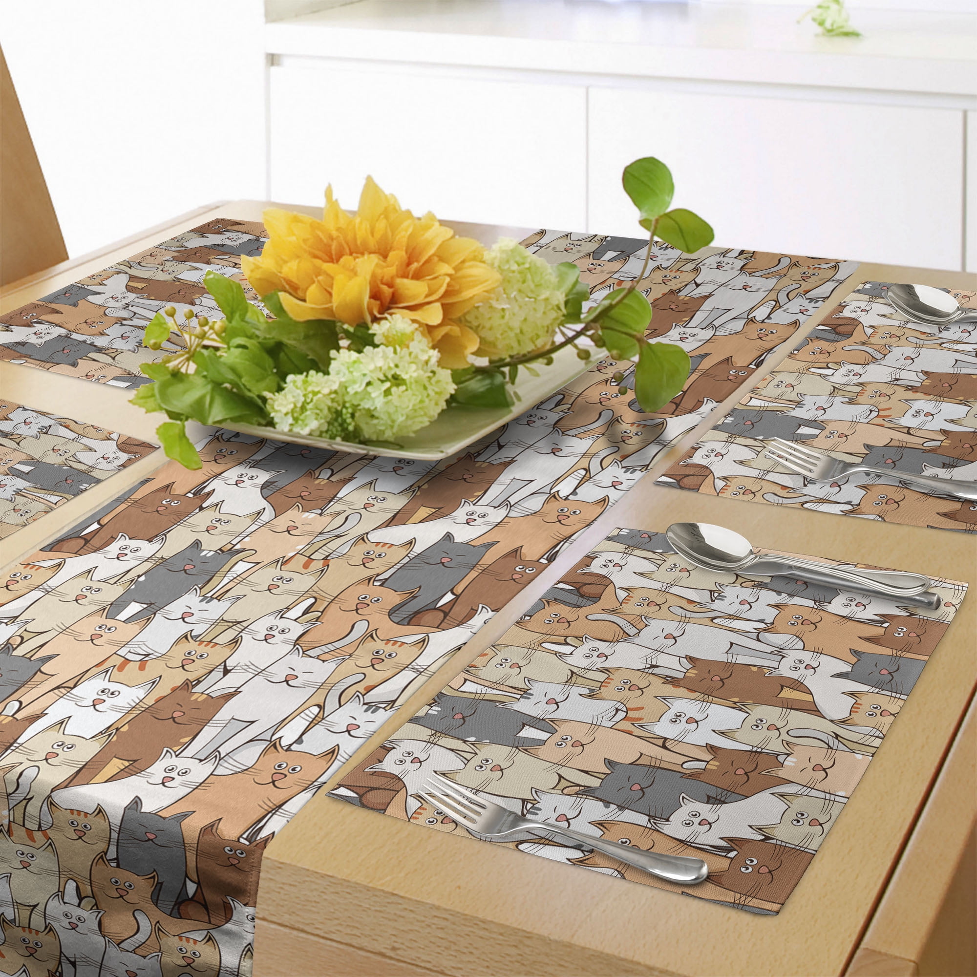 Ambesonne Kittens Table Runner & Placemats, Group of Happy Cats Pattern ...