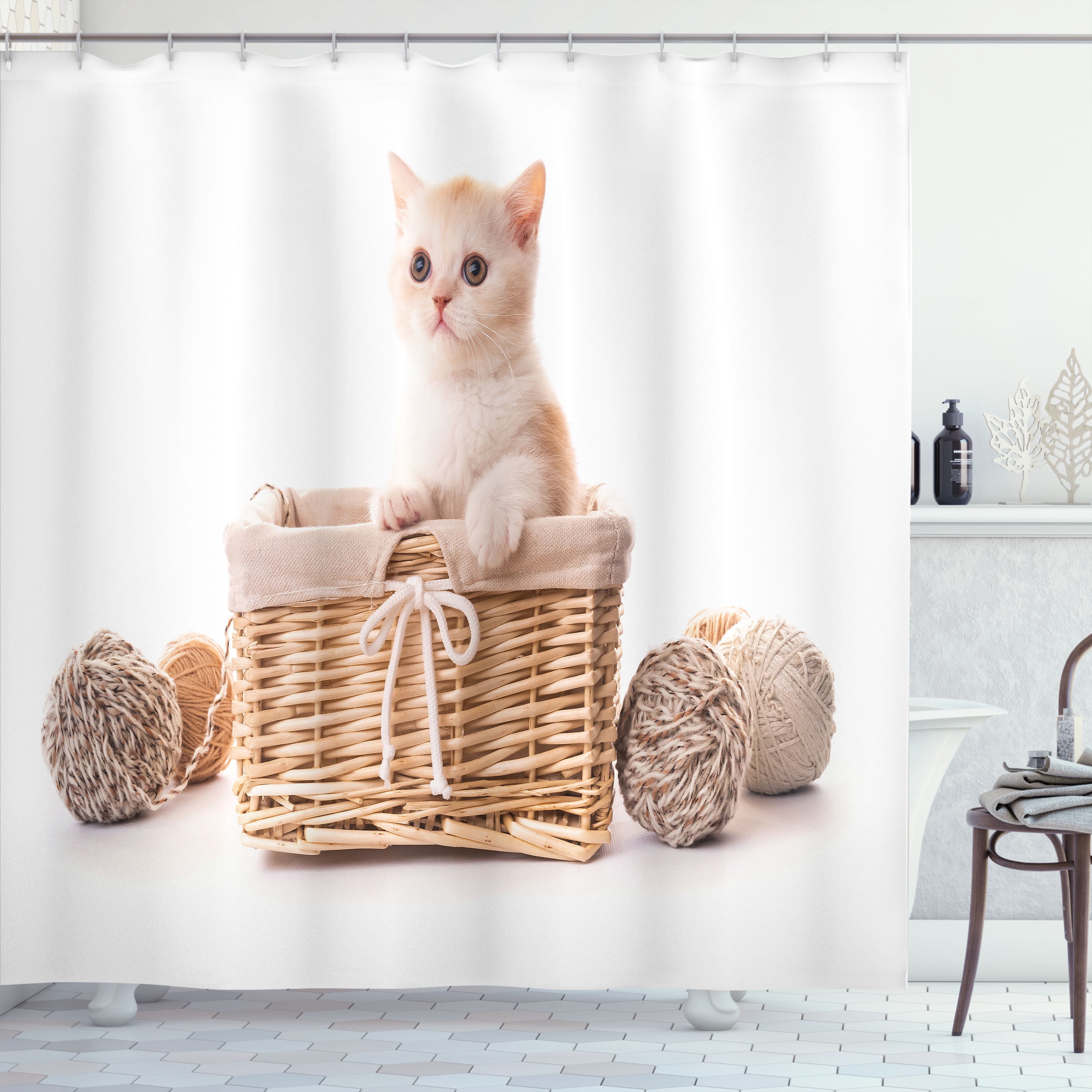 Ambesonne Kitty Shower Curtain, Goofy Small Cat in Basket, 69"Wx75"L ...