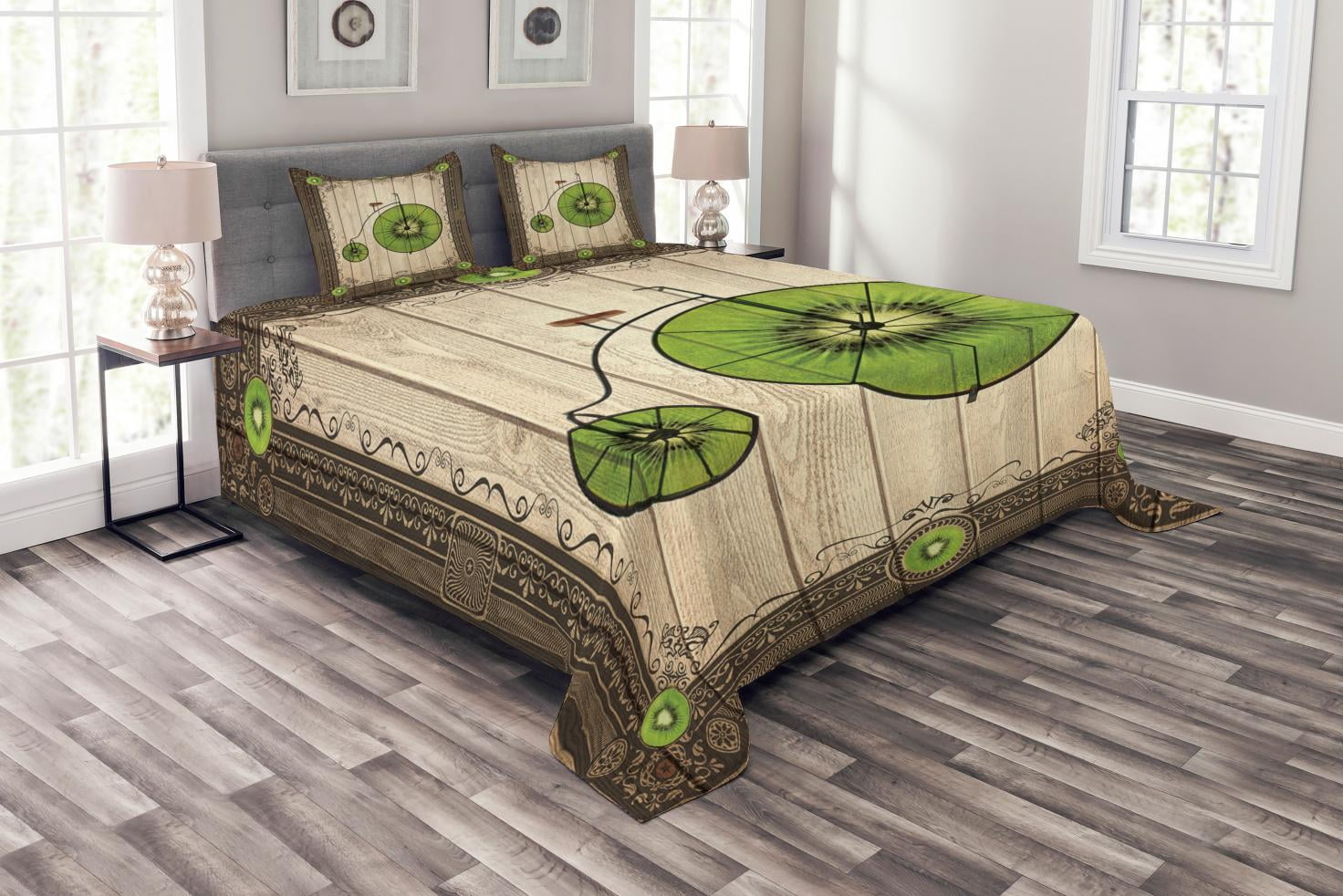 Ambesonne Kiwi Quilted Bedspread Set 3 Pcs, Retro Bike with Fruit ...