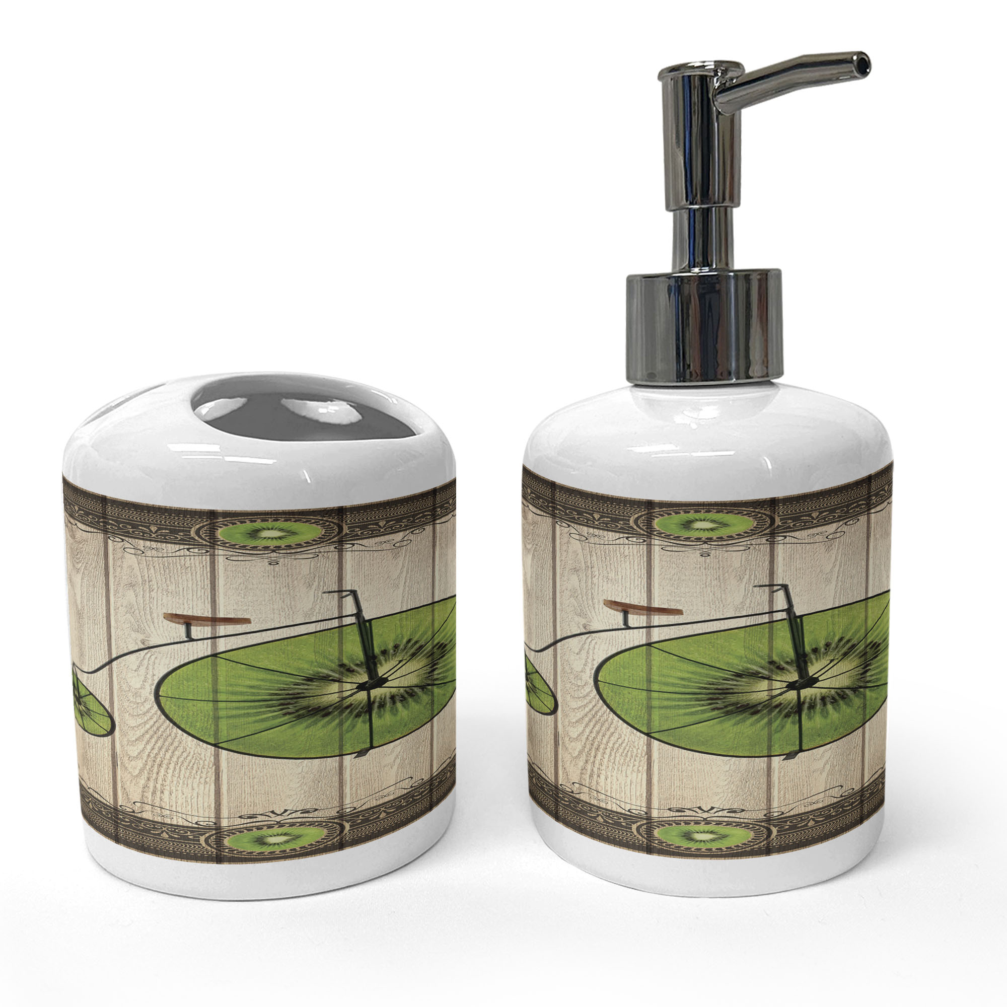 Ambesonne Kiwi Soap Dispenser & Toothbrush Holder Set, Retro Bike with Fruit Wheels, 2 Pcs, Lime ...