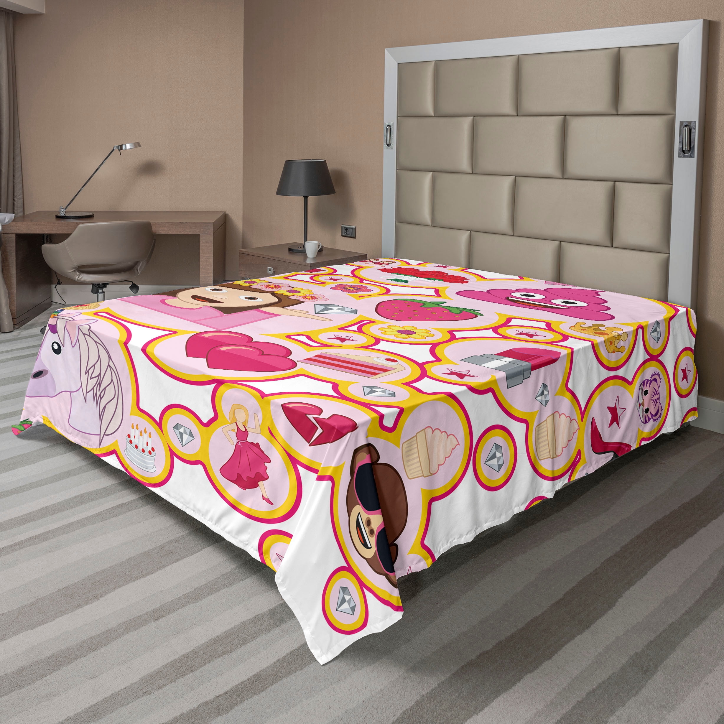 Ambesonne Lady Emoji Flat Sheet, Unicorn Poo Monkey Print, King Size ...