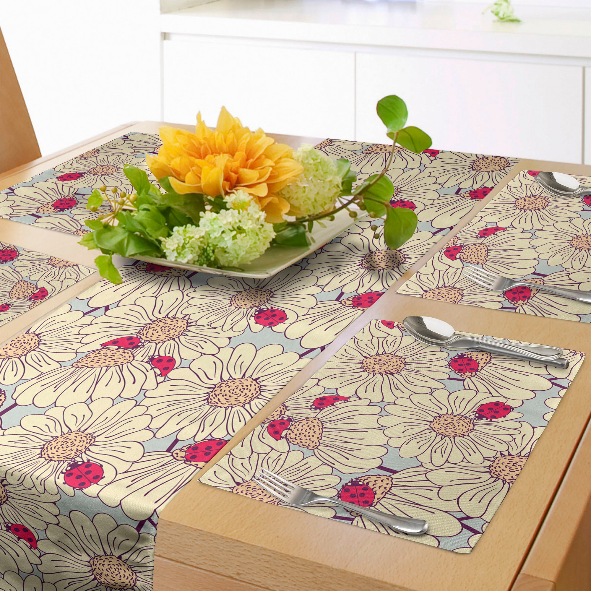 Ambesonne Ladybug Table Runner & Placemats, Spring Season Bugs ...