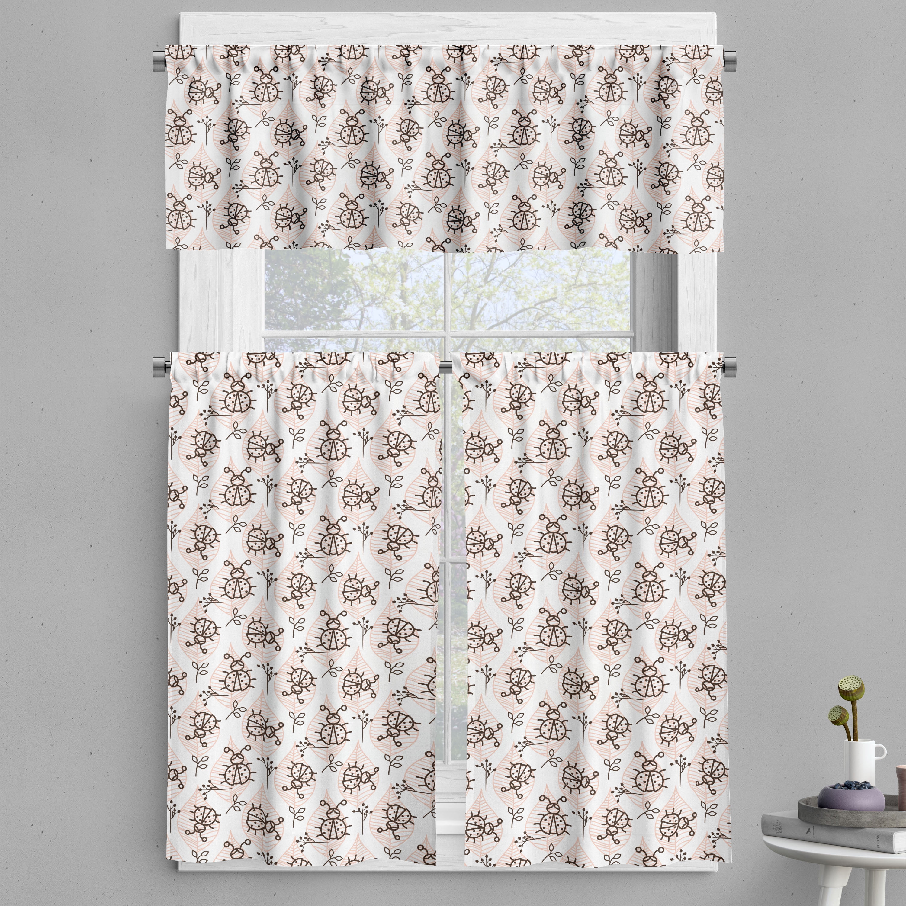 Ambesonne Ladybug Valance & Curtain, Insect on Leaves, 55"x30", Peach ...