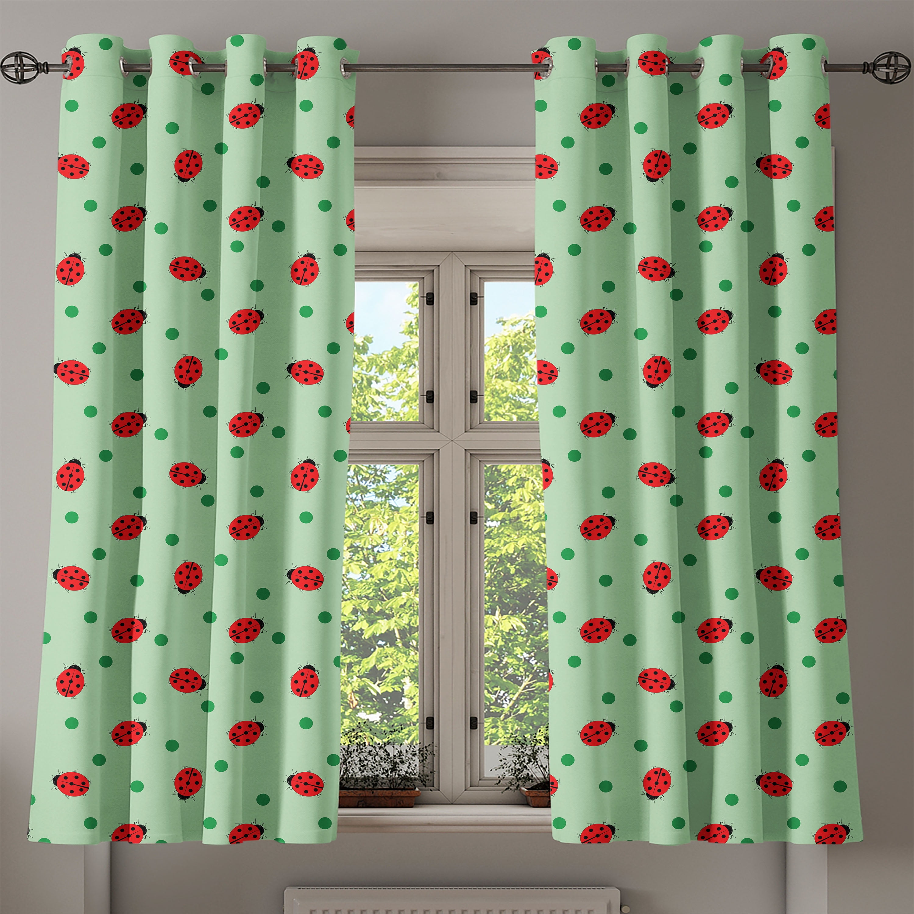 Ambesonne Ladybugs Grommet Curtain, Polka Dots with Insect, 50" x 63 ...