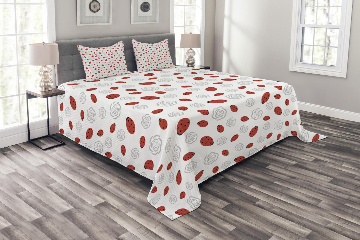 Ambesonne Ladybugs Quilted Bedspread Set 3 Pcs, Animal Illsutration ...