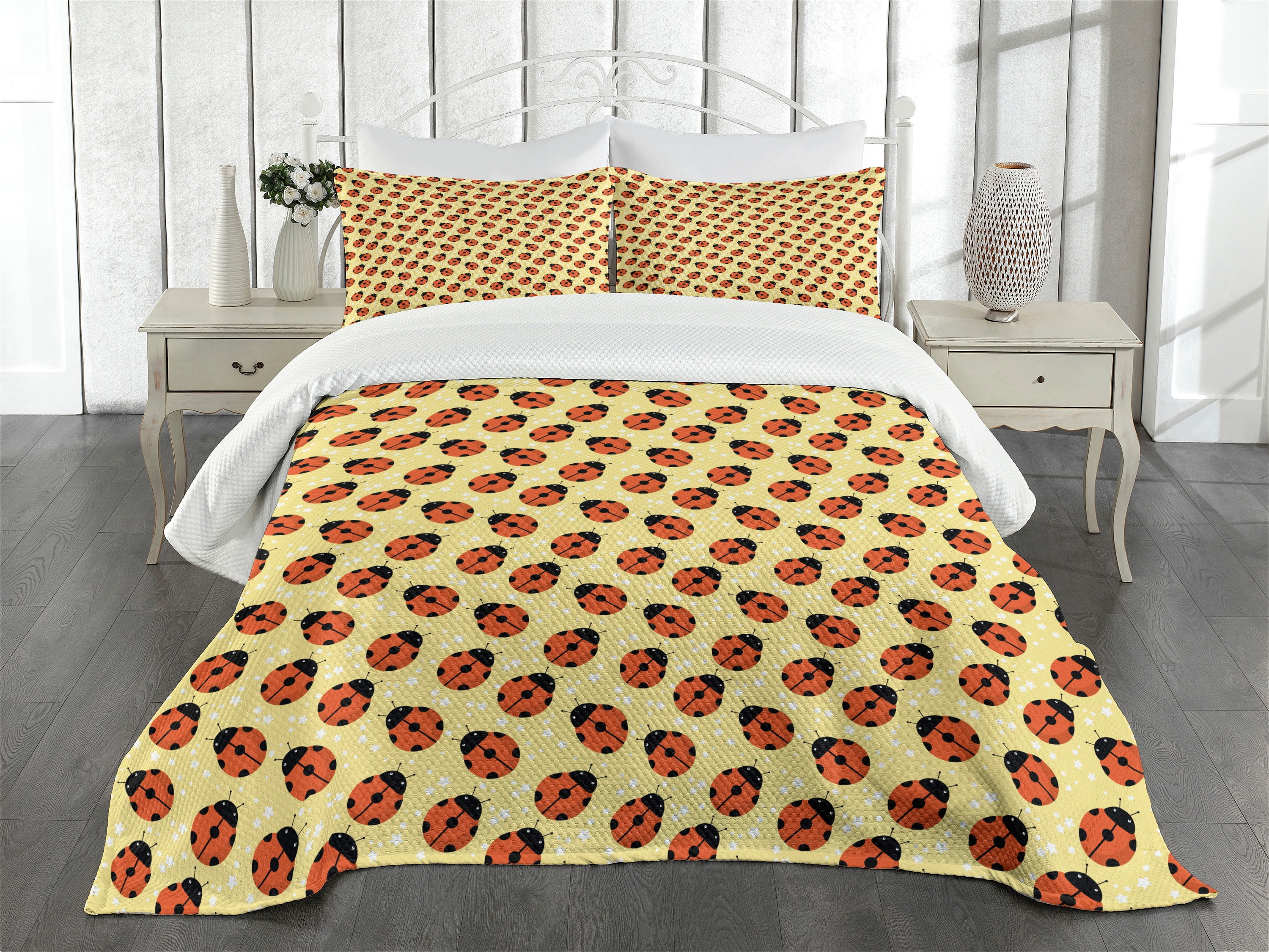 Ambesonne Ladybugs Quilted Bedspread Set 3 Pcs, Bugs Cartoon, King Size ...