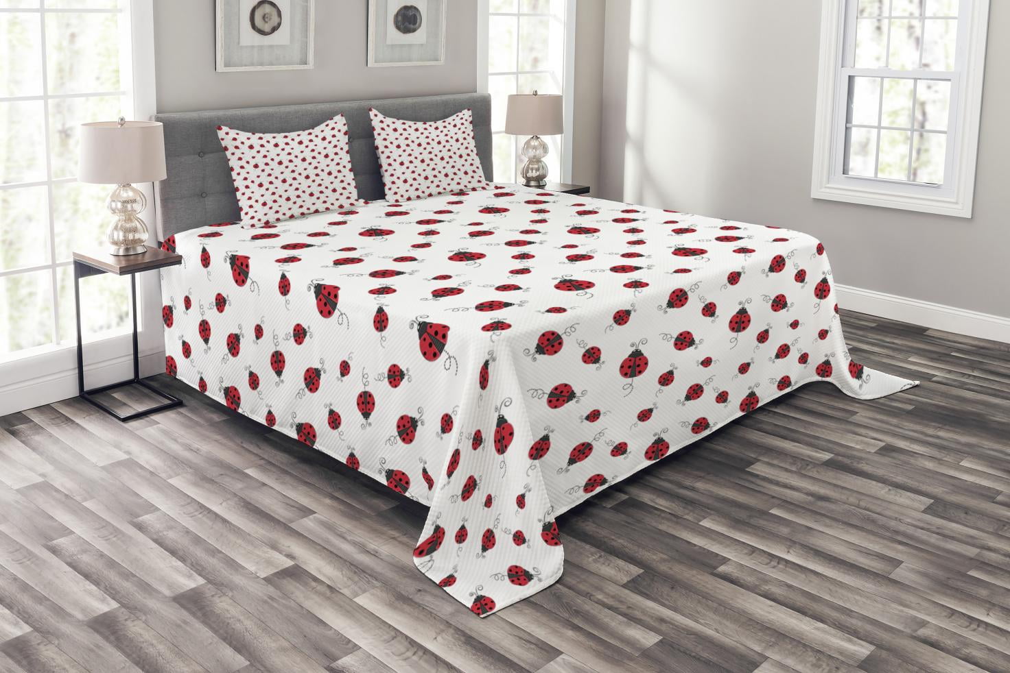 Ambesonne Ladybugs Quilted Bedspread Set 3 Pcs, Dotted Winged Animals ...