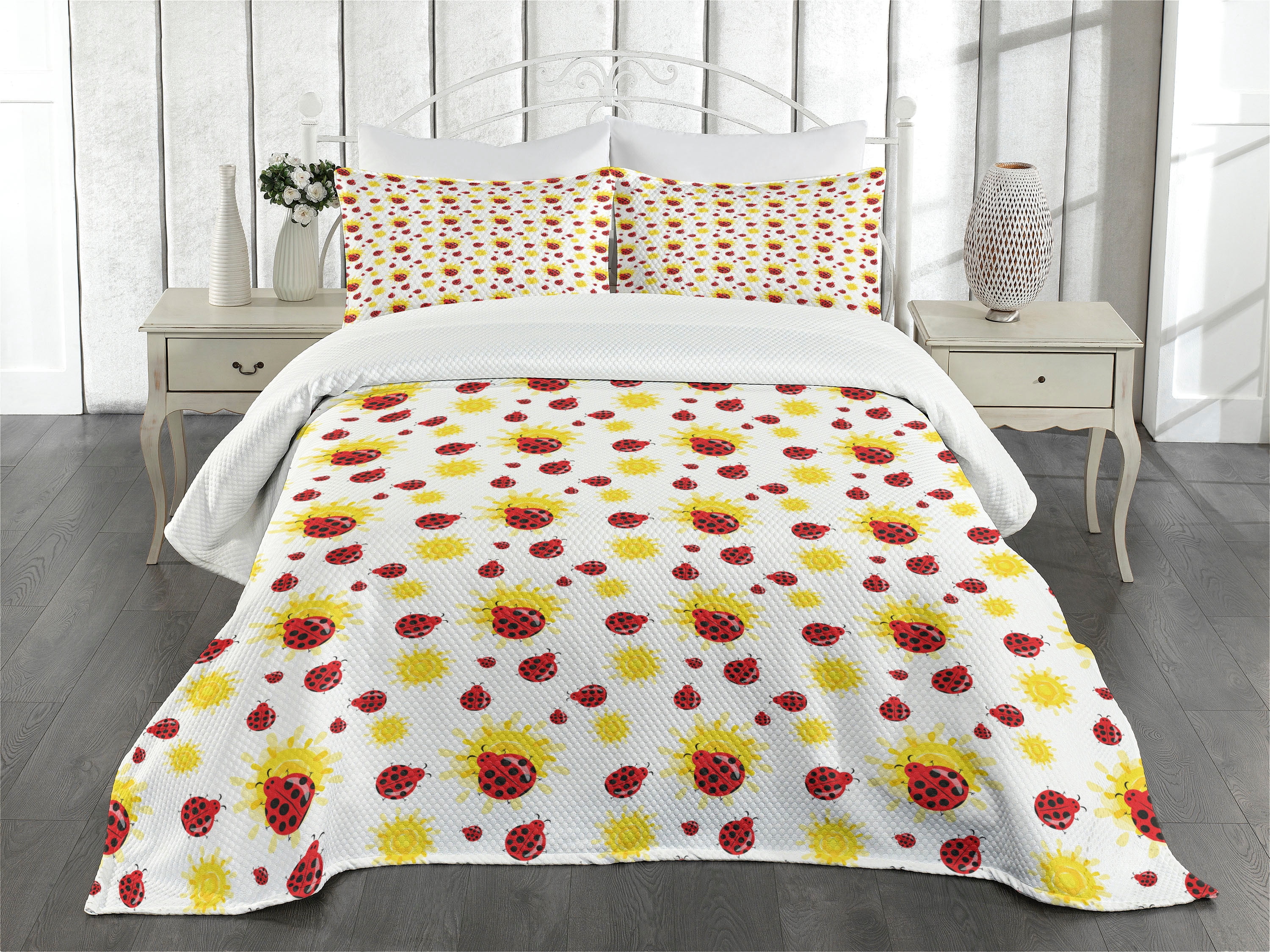 Ambesonne Ladybugs Quilted Bedspread Set 3 Pcs, Summer Inspired Bugs ...