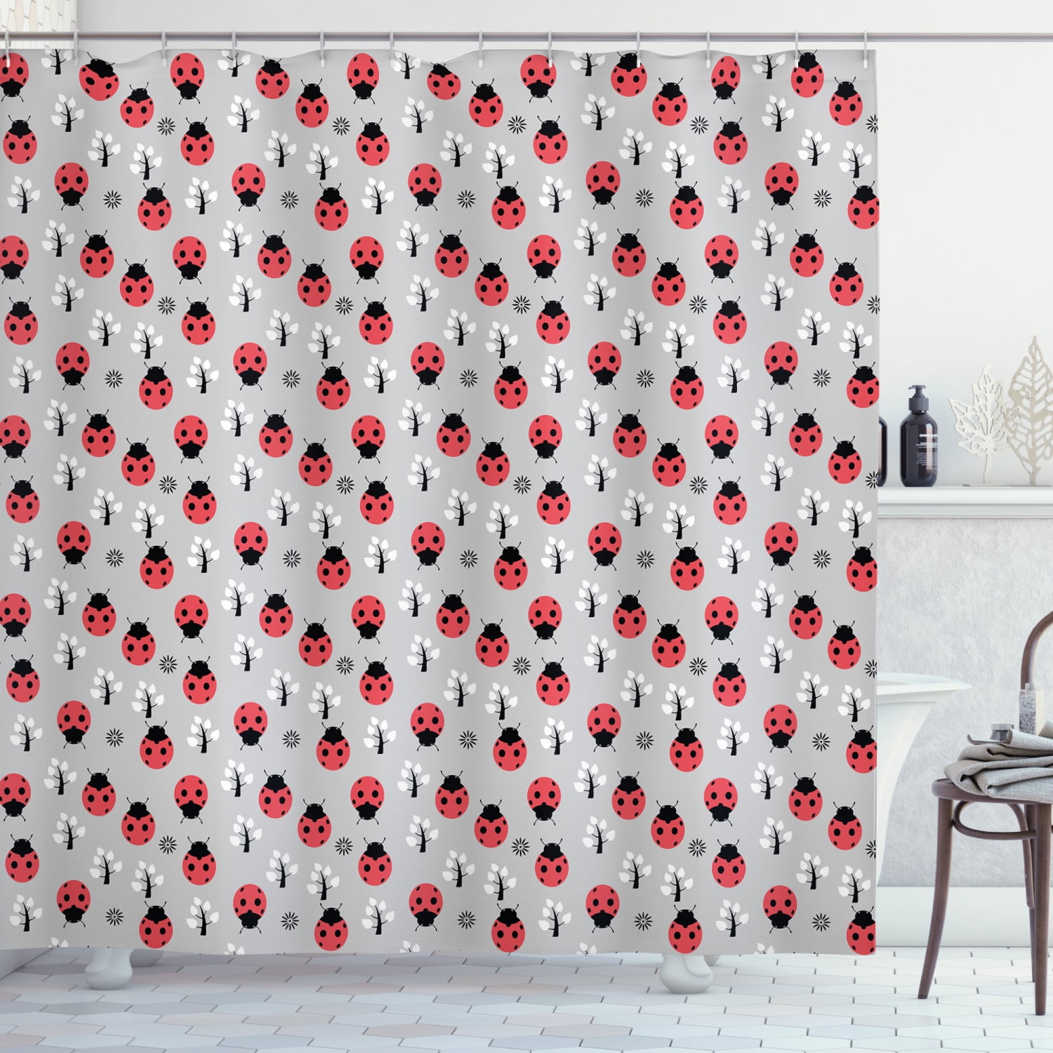 Ambesonne Ladybugs Shower Curtain, Bug Tree Flower, 69"Wx70"L, Grey ...
