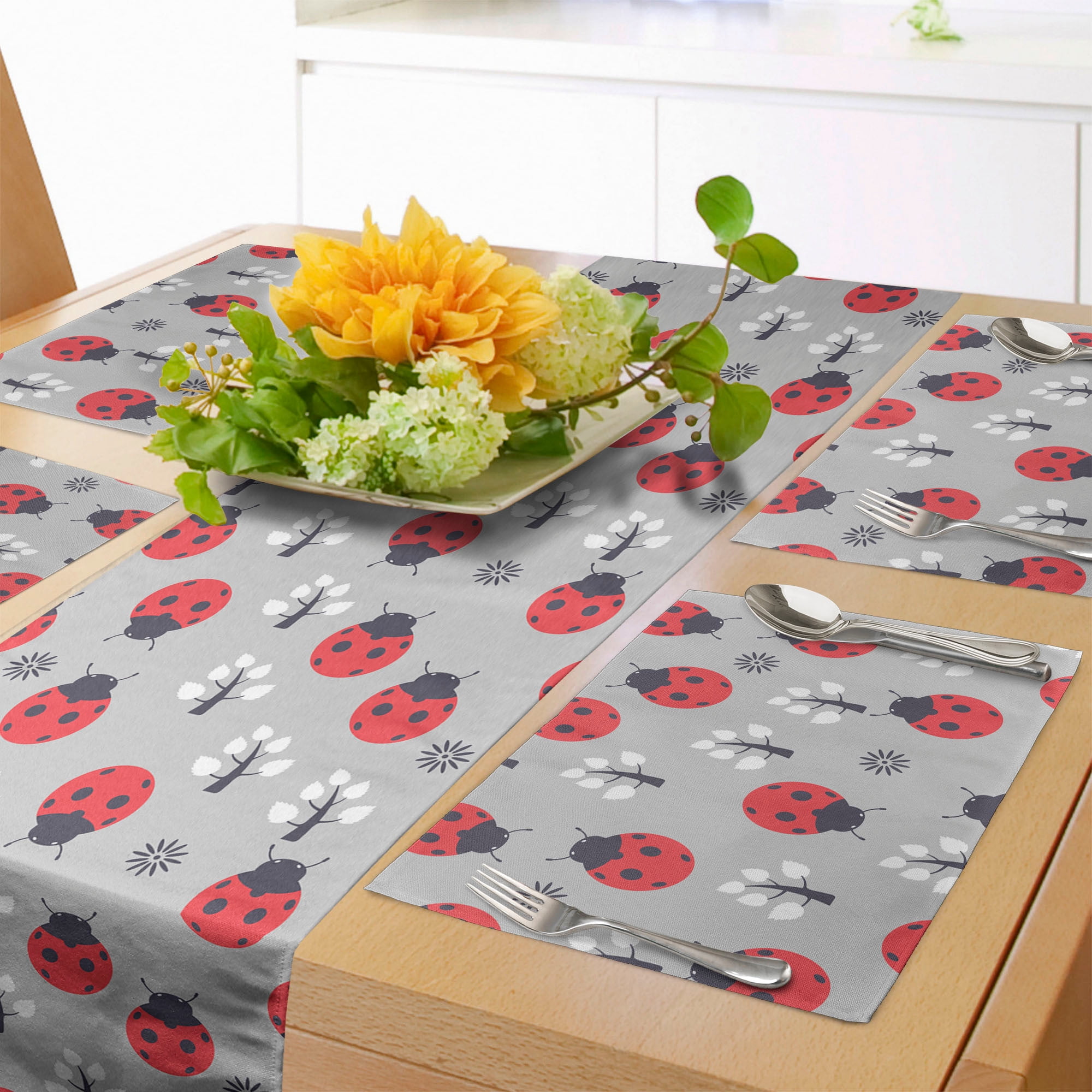 Ambesonne Ladybugs Table Runner & Placemats, Bug Tree Flower, Placemat ...