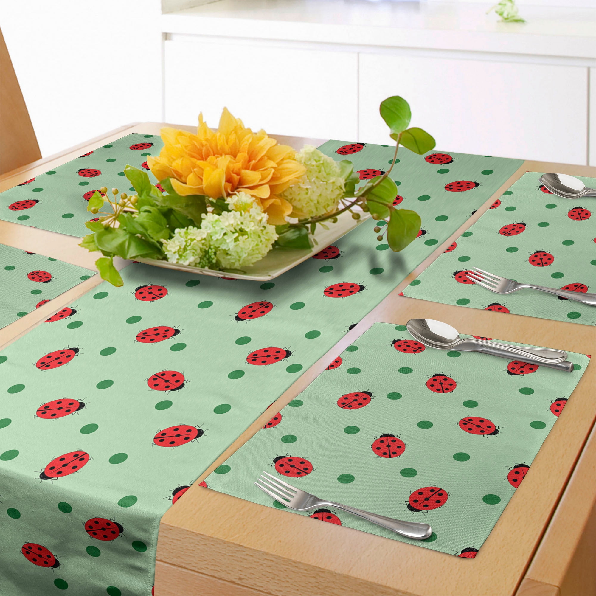 Ambesonne Ladybugs Table Runner & Placemats, Polka Dots with Insect ...
