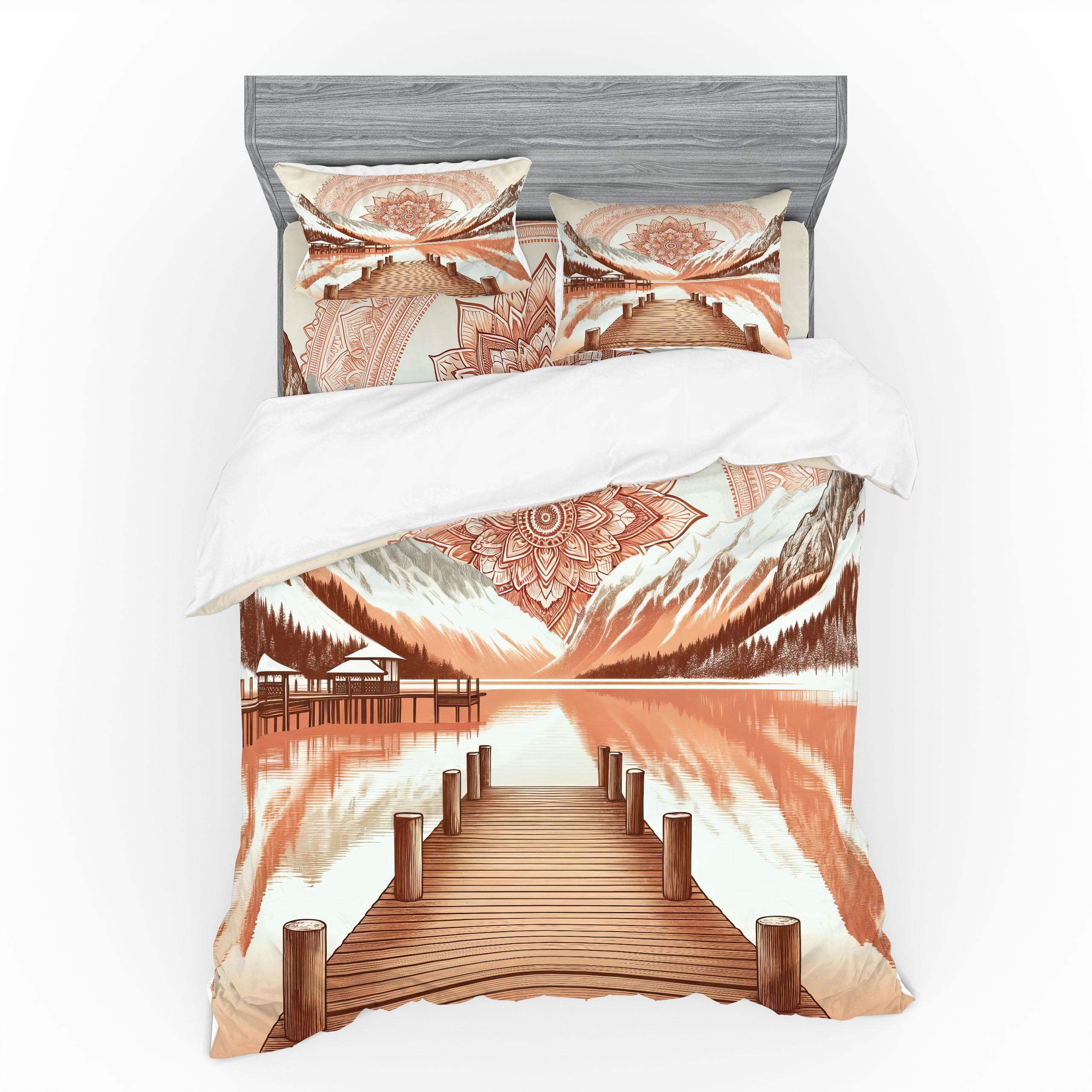 Ambesonne Lake Bedding Set 4 Pcs, Mountains Pier and Mandala, Calking ...
