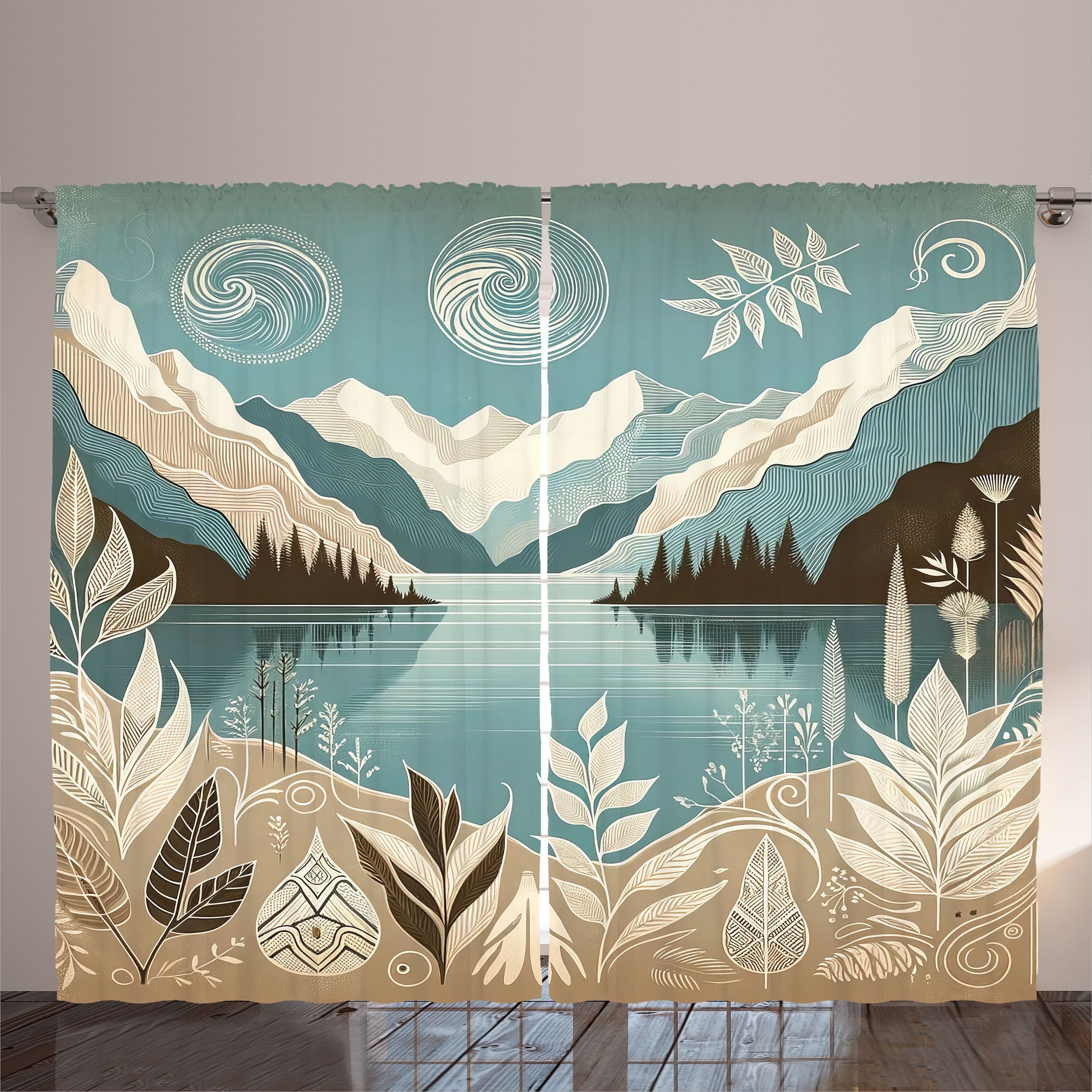Ambesonne Lake Curtains 2 Panel Set, Calm Mountains Scenery Botany, 108 ...