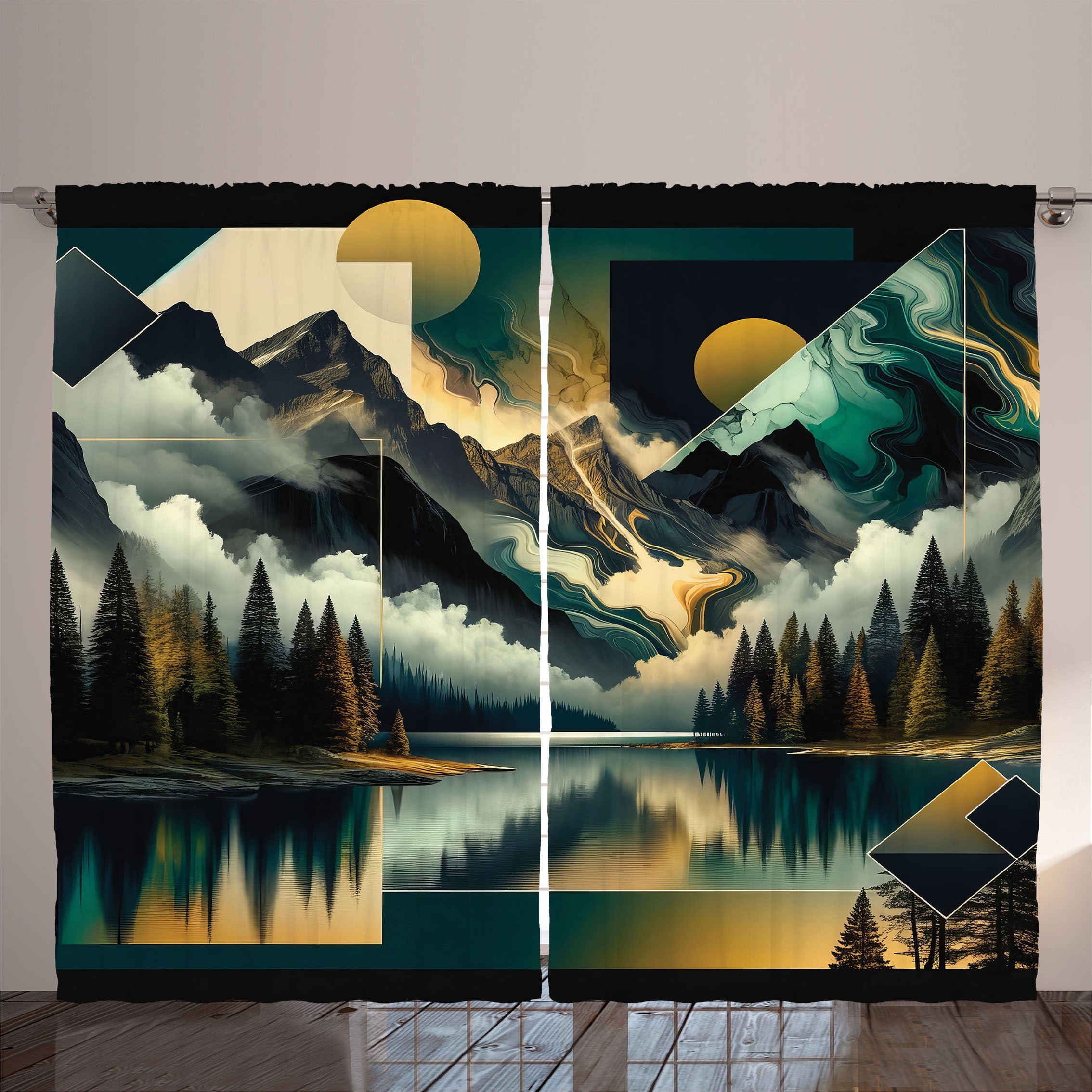Ambesonne Lake Curtains 2 Panel Set, Clouds Mountains Geometric Art ...