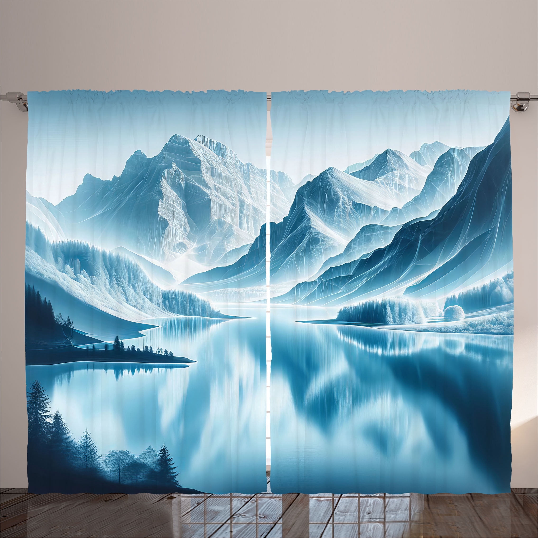 Ambesonne Lake Curtains 2 Panel Set, Cold Mountain Peaks Icy Water, 108 ...