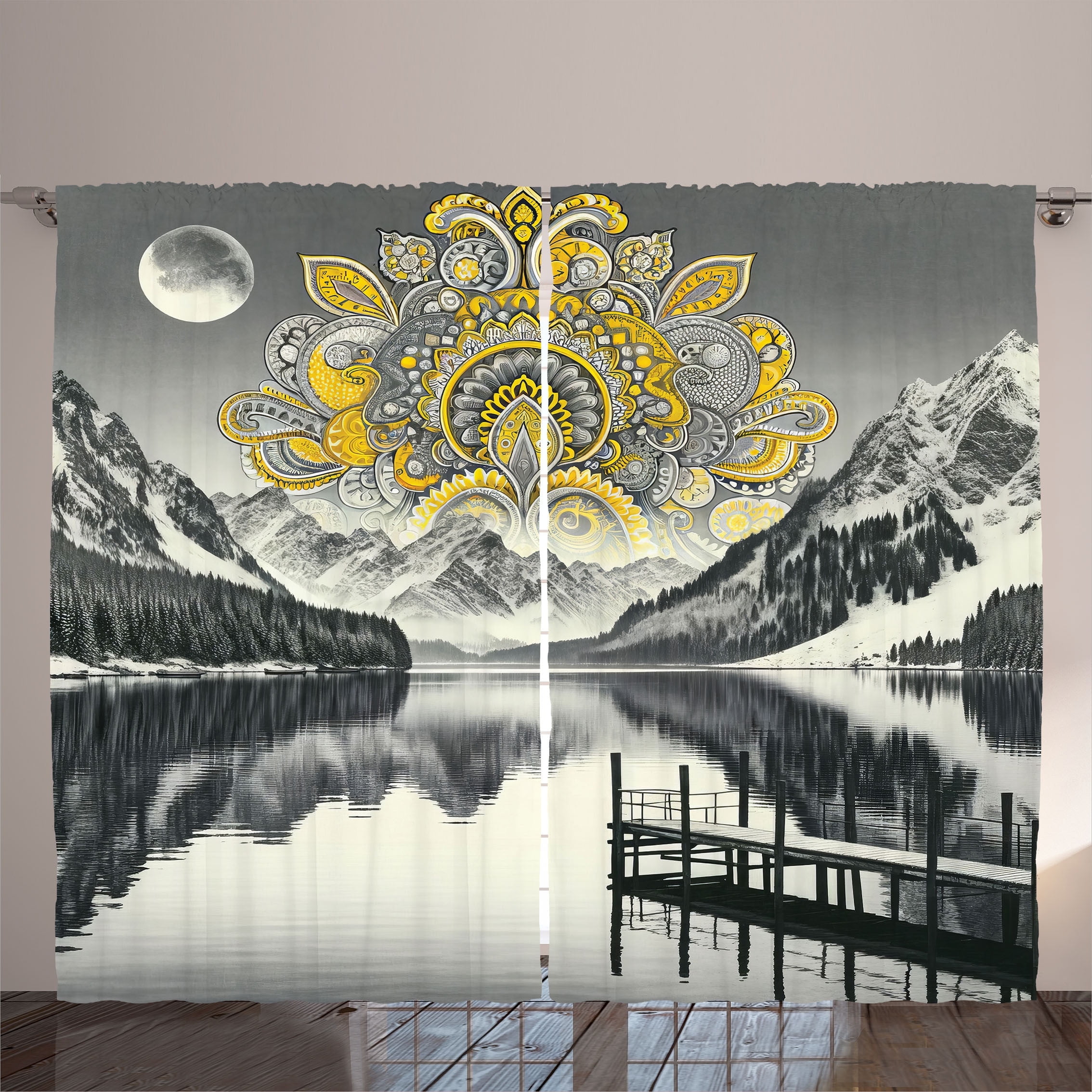 Ambesonne Lake Curtains 2 Panel Set, Mandala and Mountain Panorama, 108 ...