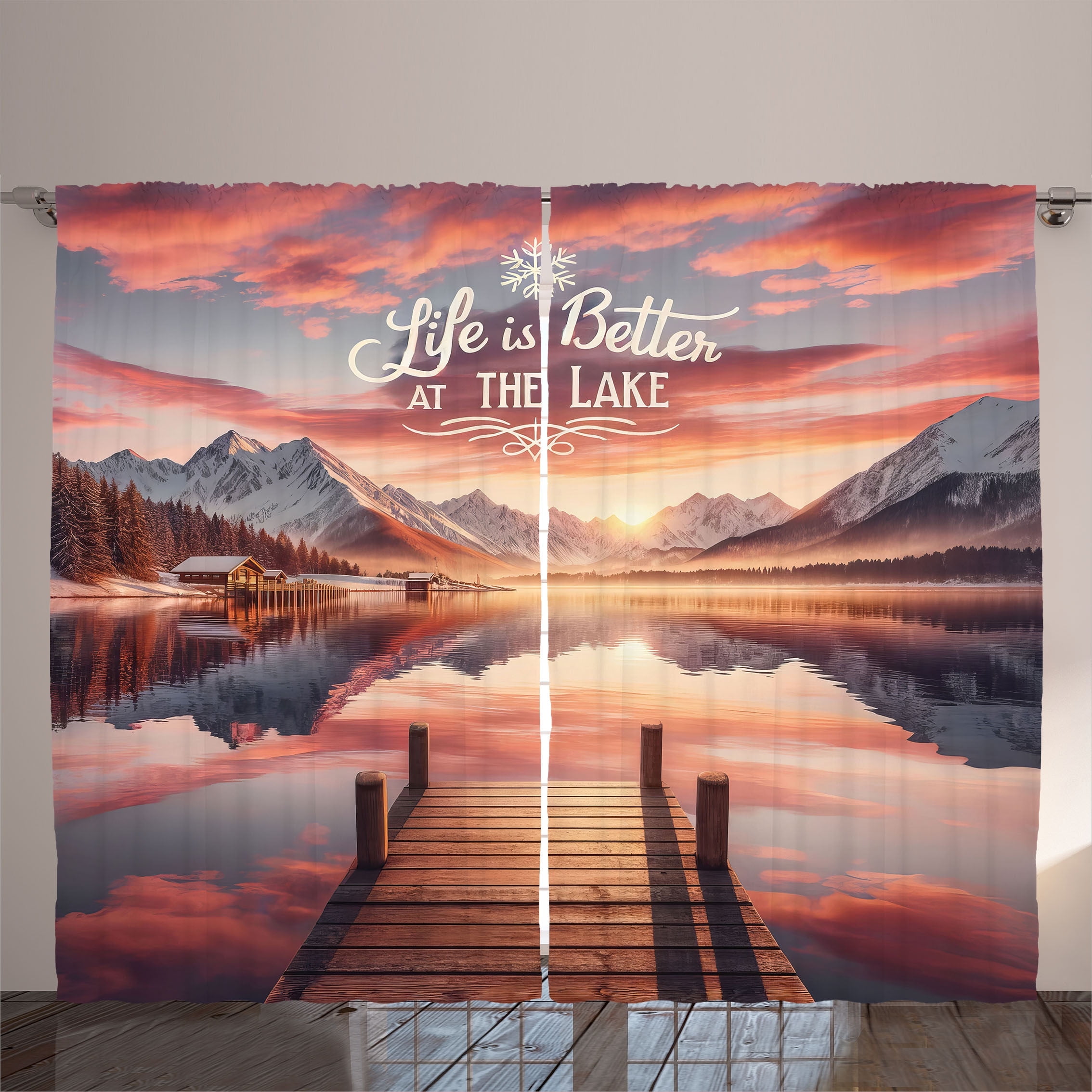 Ambesonne Lake Curtains 2 Panel Set, Mesmerizing Sunset Mountains, 108 ...