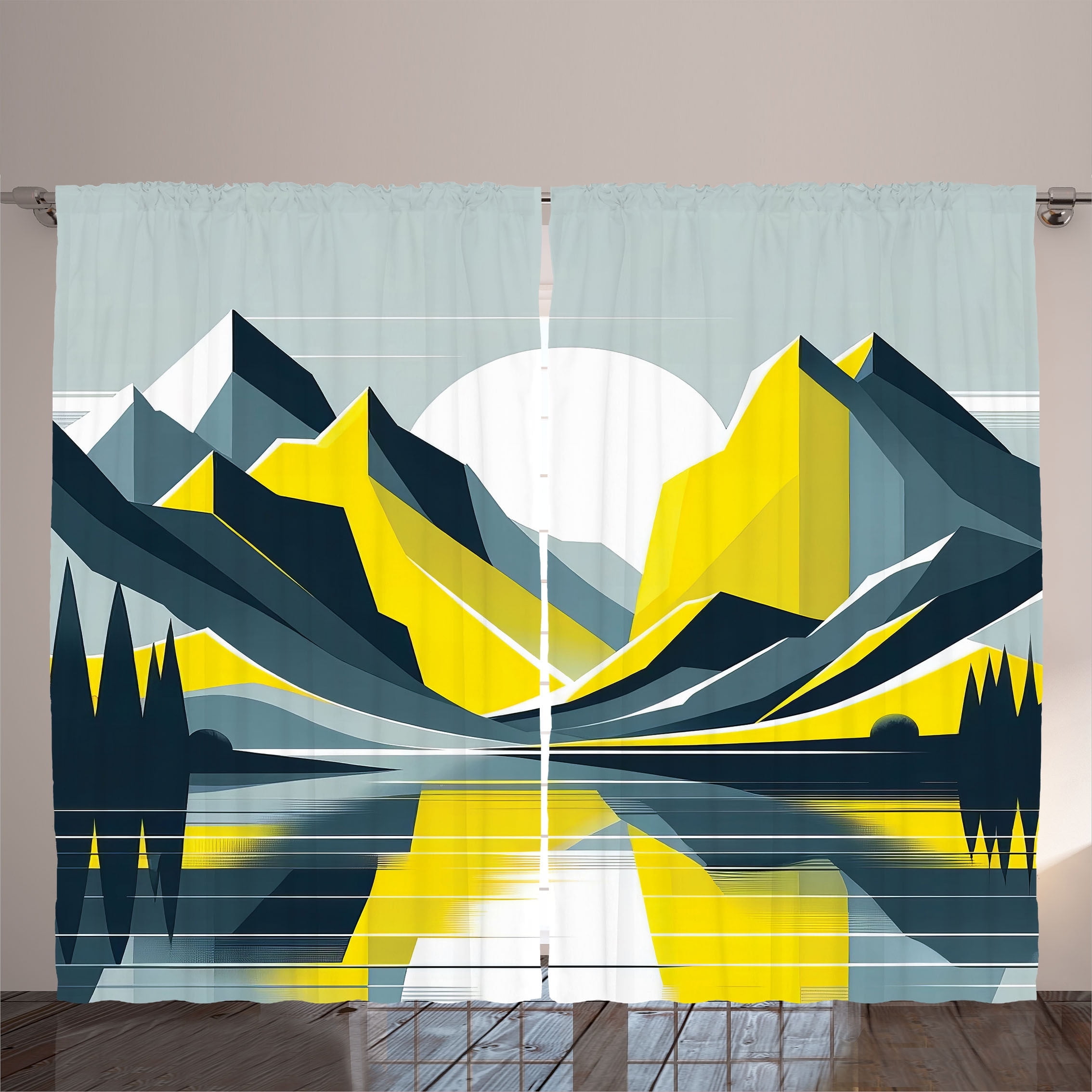 Ambesonne Lake Curtains 2 Panel Set, Modern boho Sunrise Mountains, 108 ...